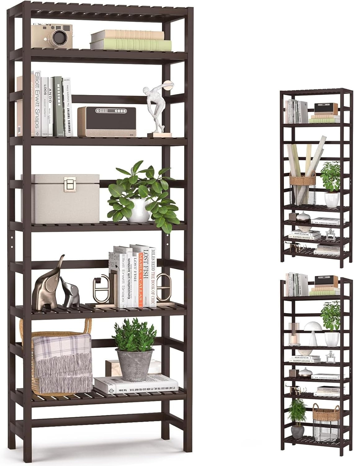 6-Tier Bamboo Bookshelves and Bookcases, Adjustable 63.4”Tall Shallow ...