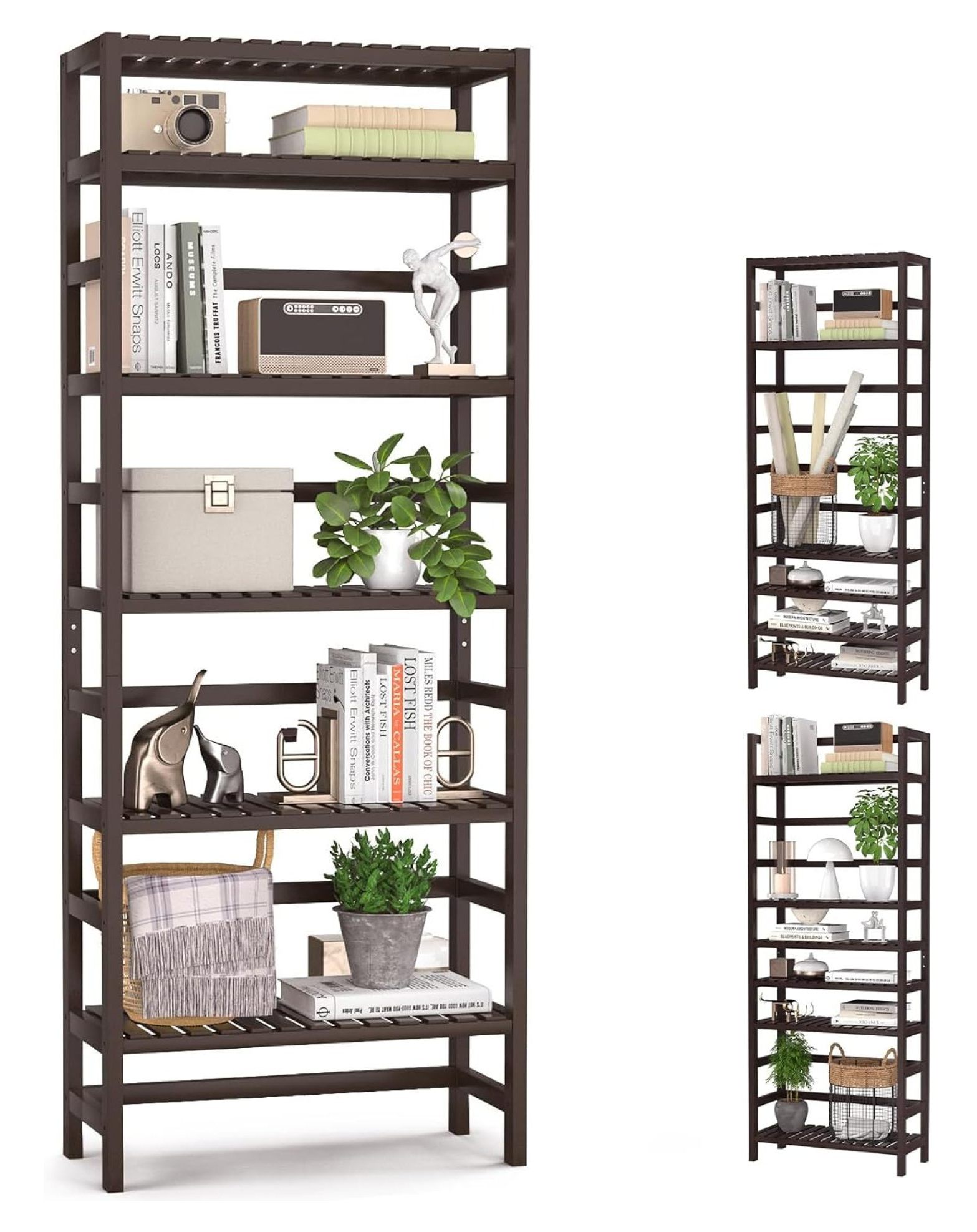 6-Tier Bamboo Bookshelves and Bookcases, Adjustable 63.4”Tall Shallow ...