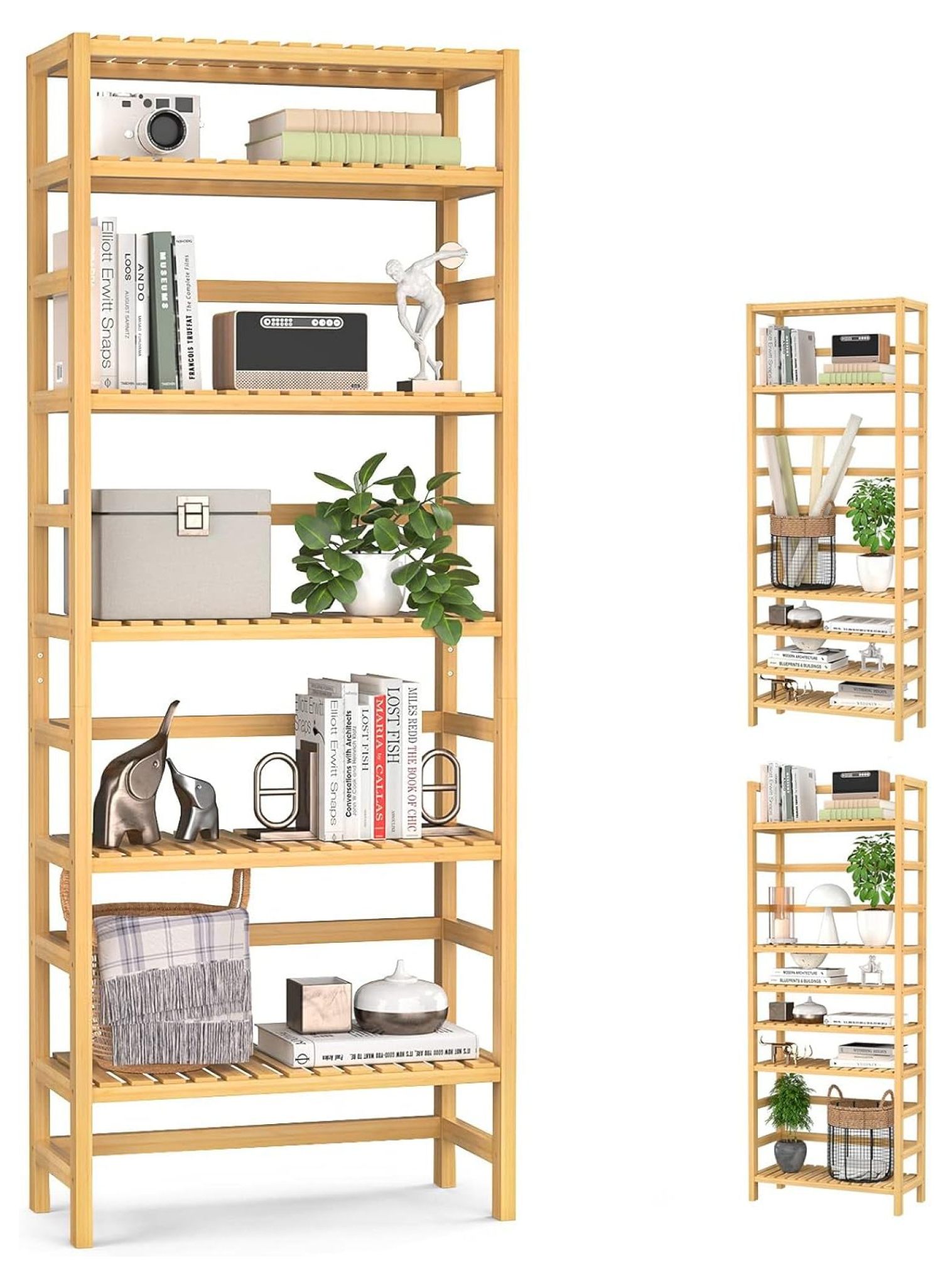 6-Tier Bamboo Bookshelves and Bookcases, Adjustable 63.4”Tall Shallow ...