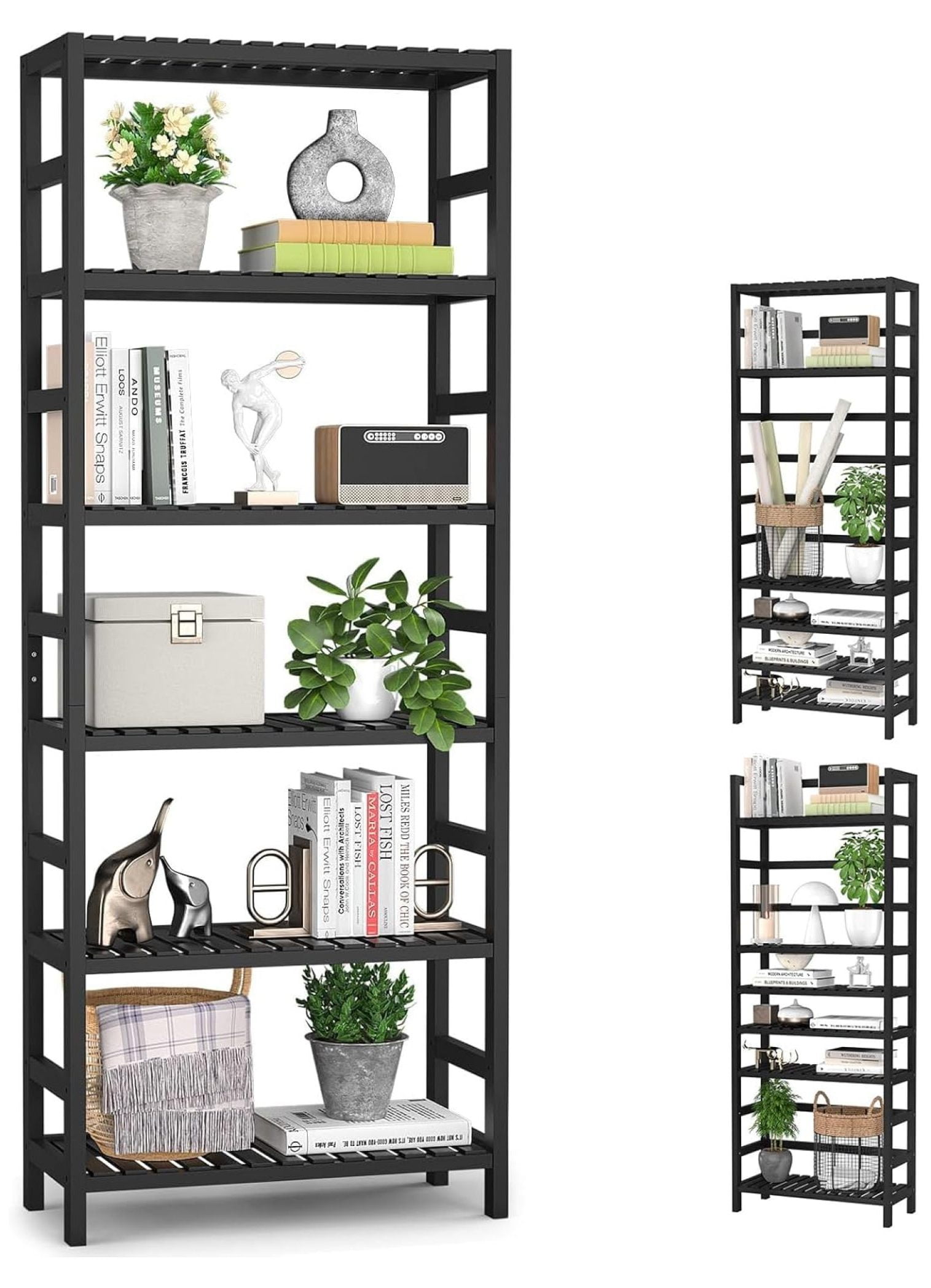 6-Tier Bamboo Bookshelves and Bookcases, Adjustable 63.4”Tall Shallow ...