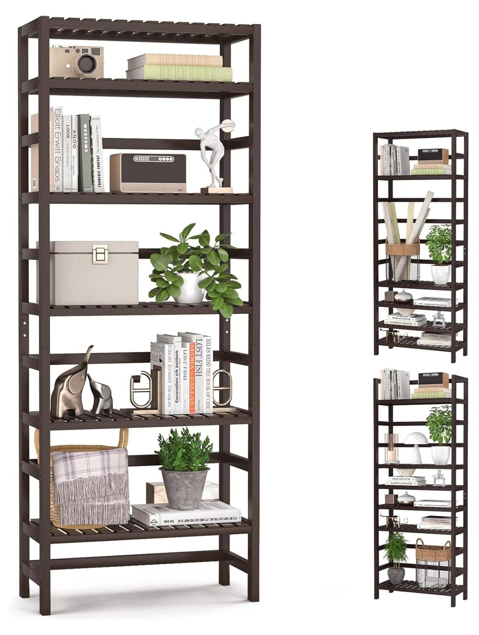 6-Tier Bamboo Bookshelves and Bookcases, Adjustable 63.4”Tall Shallow ...