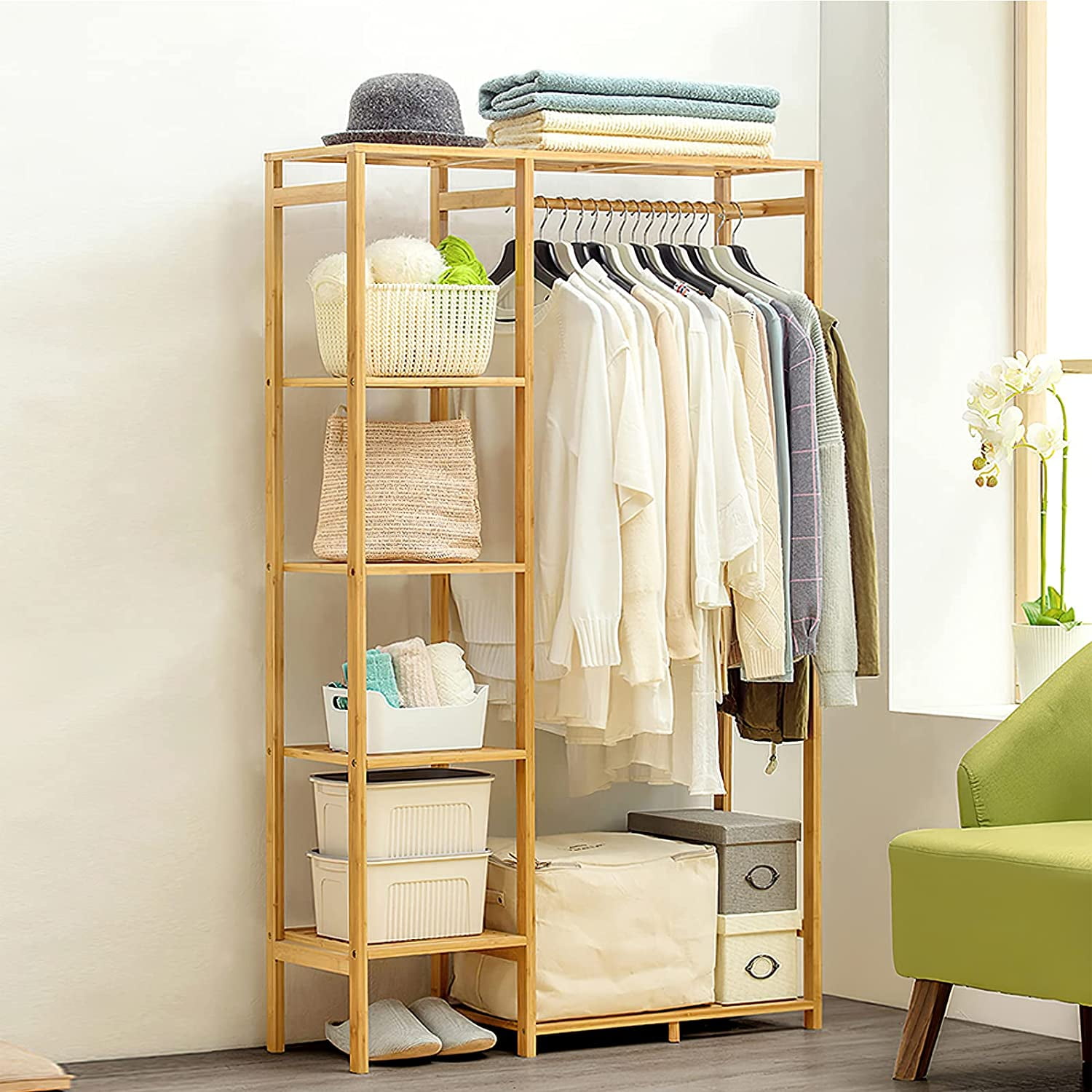 6 Tier Bamboo Clothing Rack with Extra Storage for Small Spaces ...