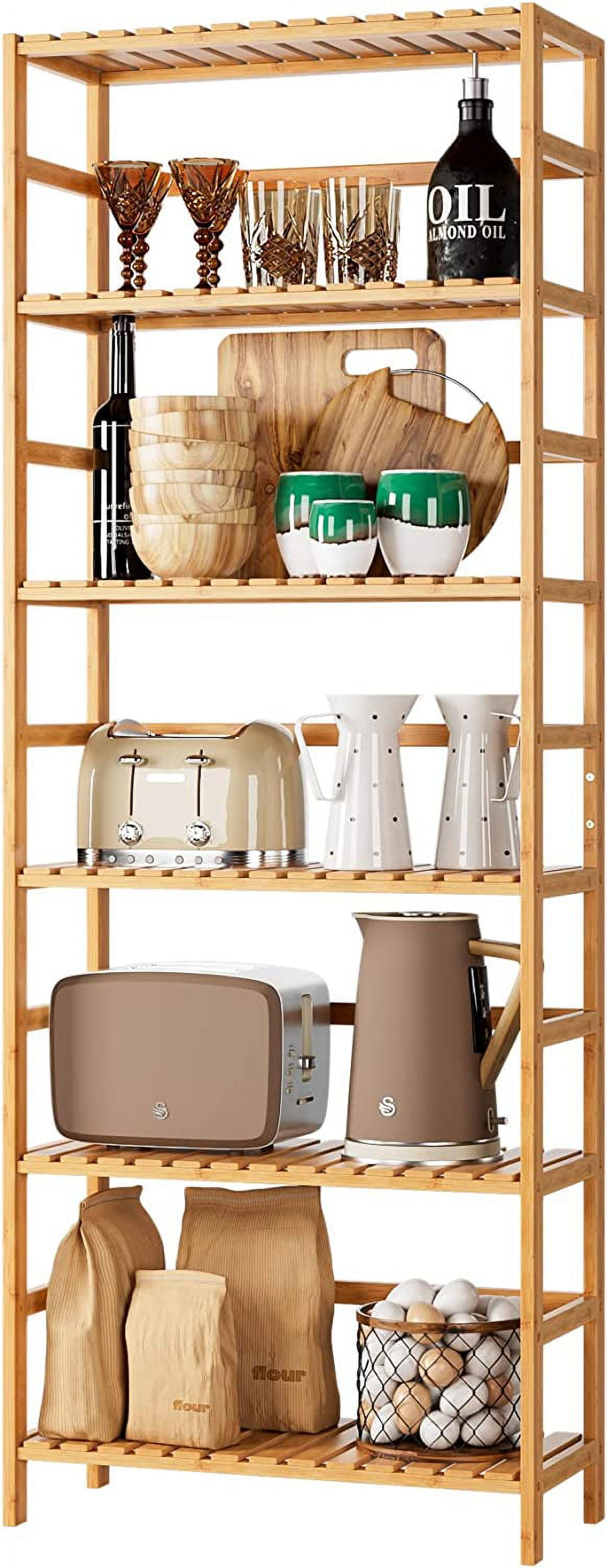 6-Tier Bamboo Shelf, Bamboo Bookcase with Adjustable Shelves, Free ...