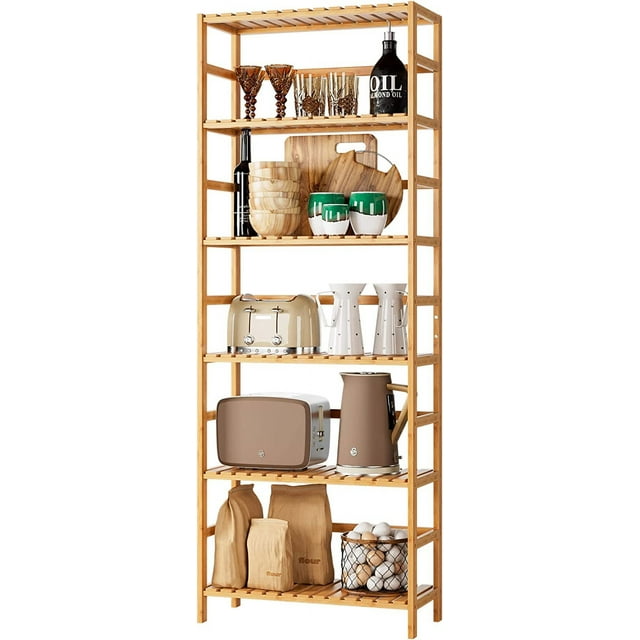 6-Tier Bamboo Shelf, Bamboo Bookcase with Adjustable Shelves, Free ...