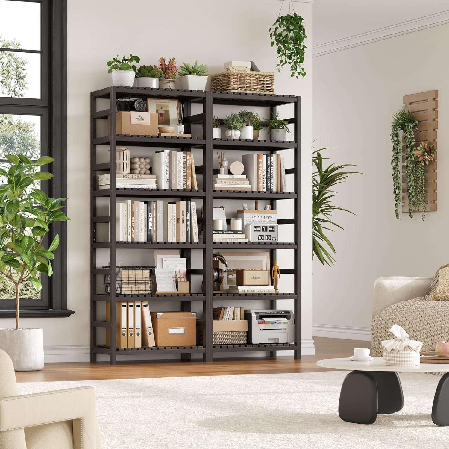 6-Tier Bamboo Shelf, Bamboo Bookcase with Adjustable Shelves, Free ...