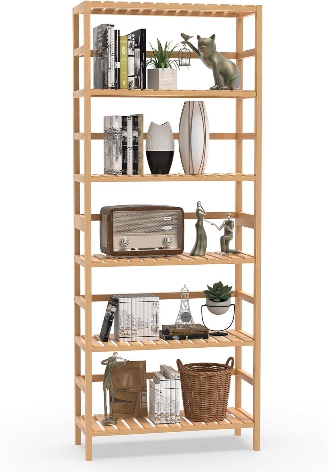 6-Tier Bamboo Shelf,Bamboo Storage Shelving Unit,Tall Bookcase with ...