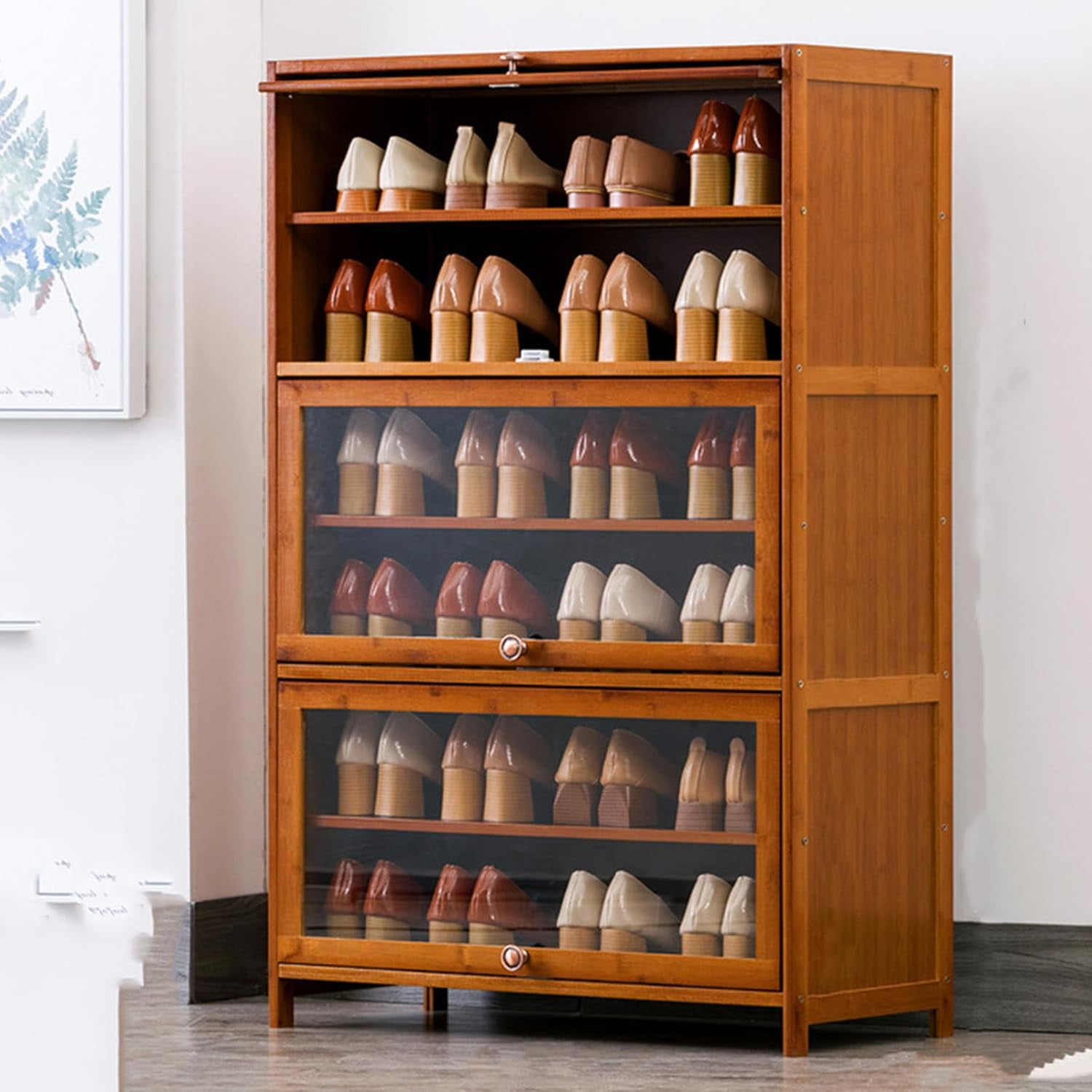 6-Tier Bamboo Shoe Cabinet with Clear Door, Shoe Shelf Storage ...