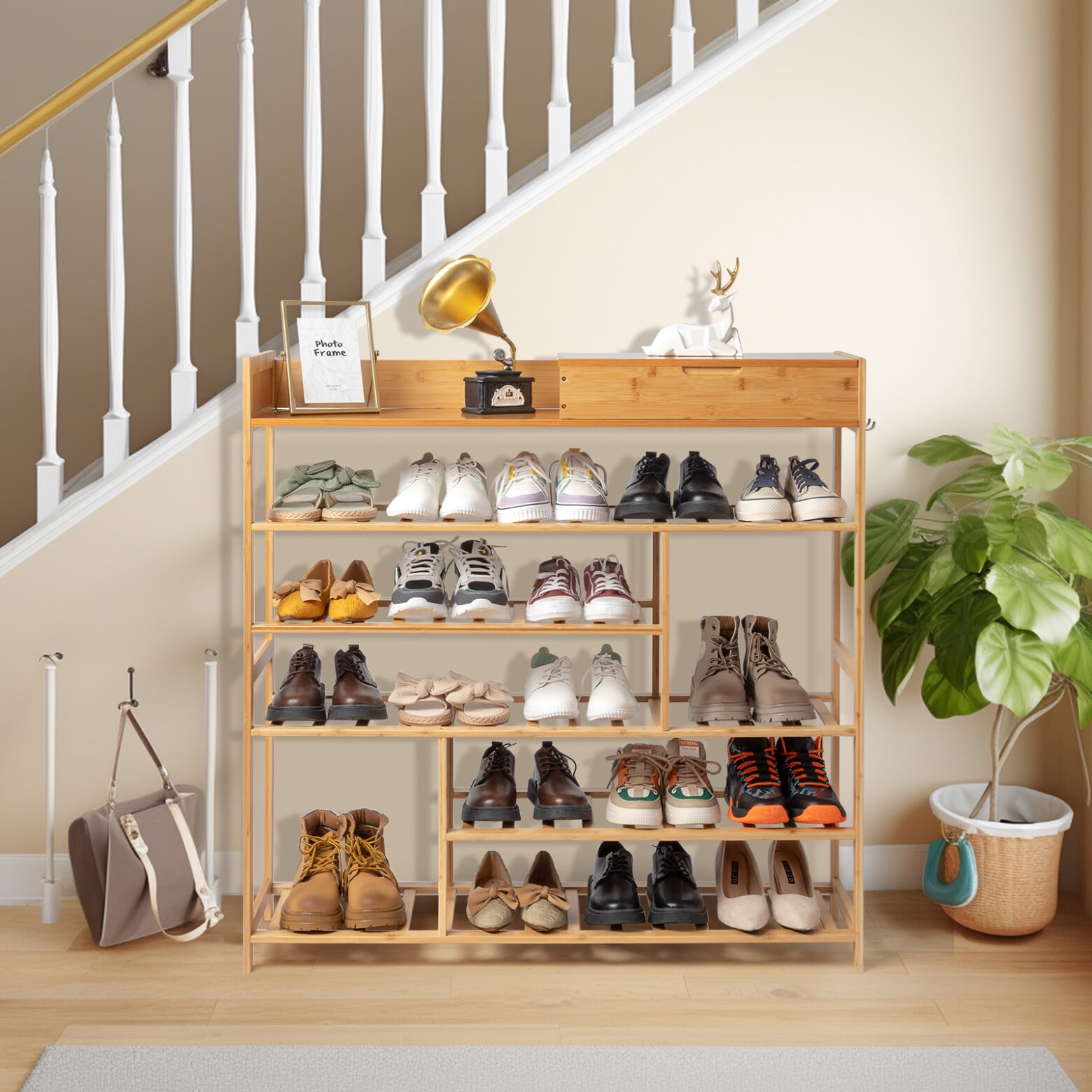 6 Tier Bamboo Shoe Shelf,Wooden Shoe Rack with Storage Drawer, Free ...