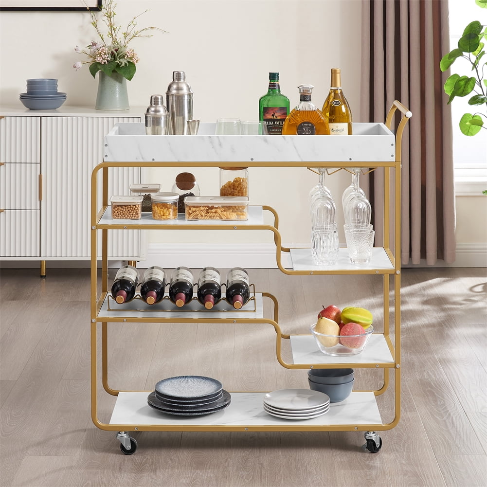 6-Tier Bar Cart, Mobile Bar Serving Cart With Wine Rack And Glass ...