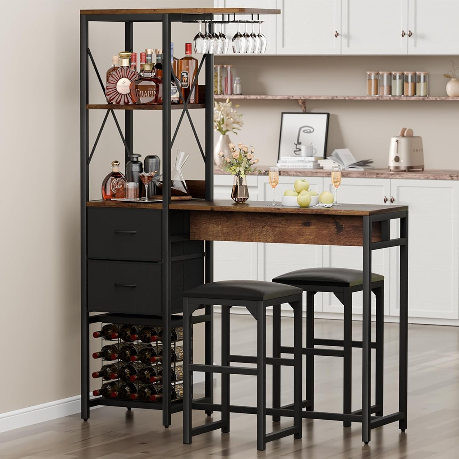 6-Tier Bar Table and Chairs Set, Metal Coffee Bar with Storage Shelves ...