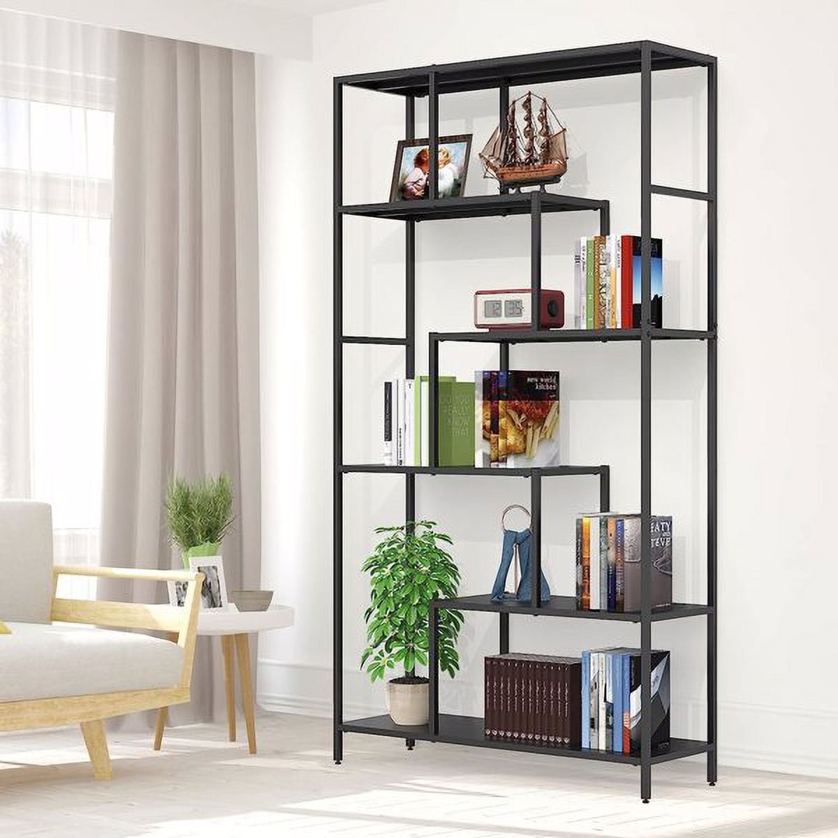 6 Tier Black Metal Bookshelf -Sturdy and Stylish Tall Open Bookcase for ...