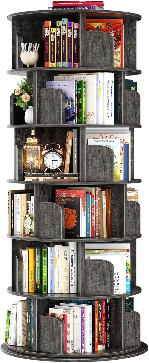 6-Tier Black Oak Rotating Bookshelf Tower, Spinning Narrow Tall ...