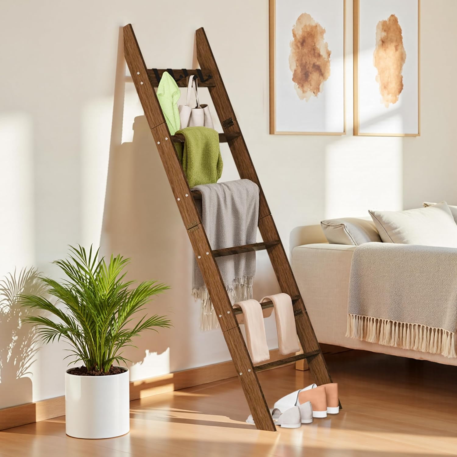 6-Tier Blanket Ladder for Living Room 5.6FT Pine Wood Quilt Rack with 4 ...