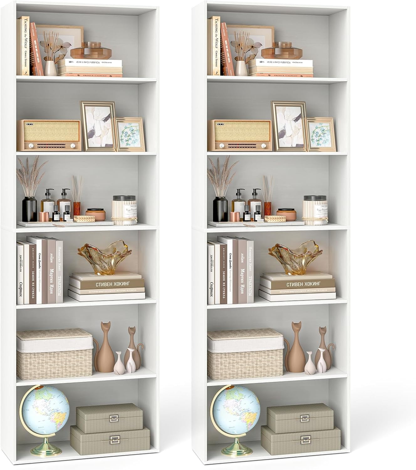 6-Tier Bookcase Set of 2, 70” Tall Freestanding Bookshelf with 6 Open ...