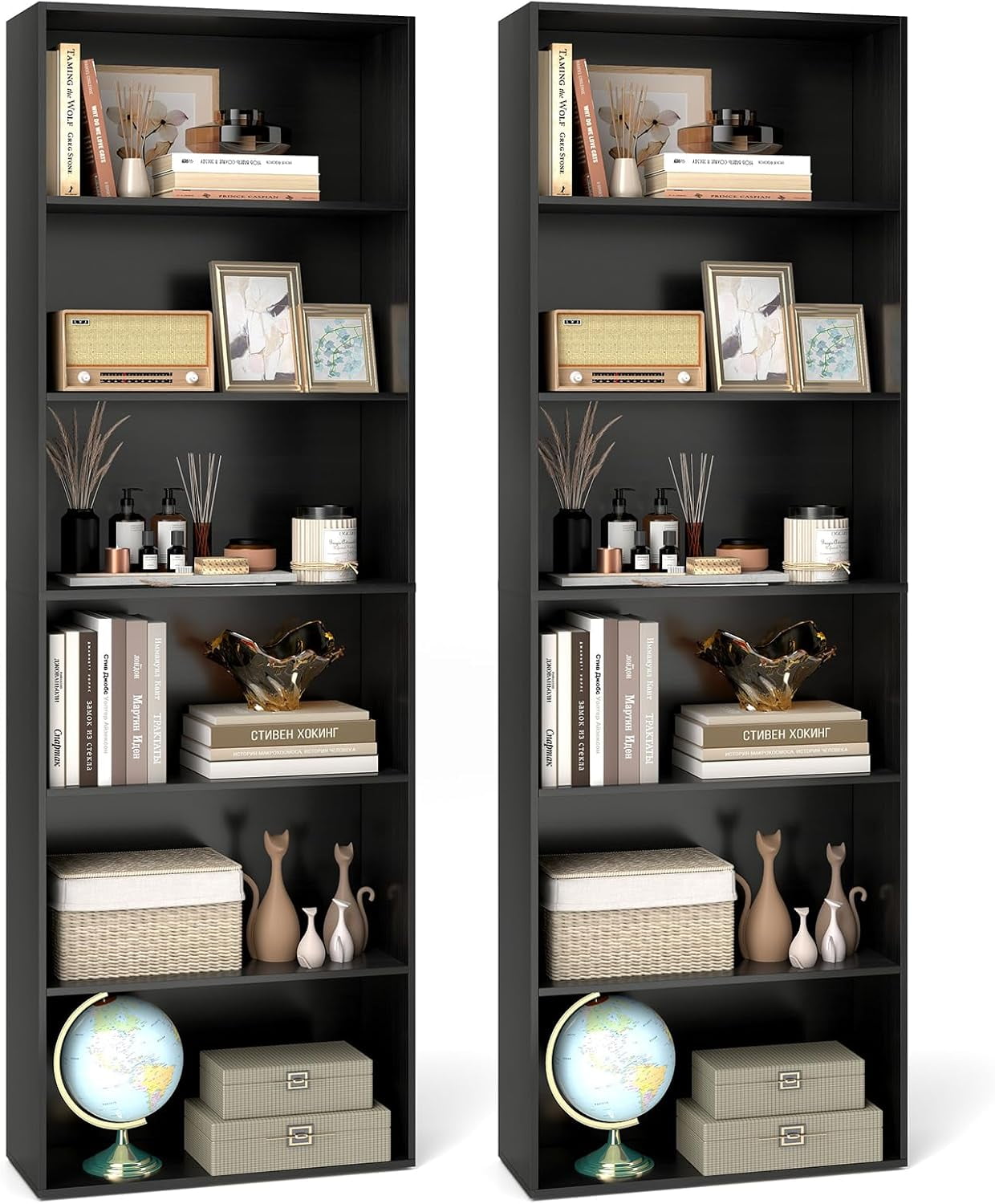 6-Tier Bookcase Set of 2, 70” Tall Freestanding Bookshelf with 6 Open ...