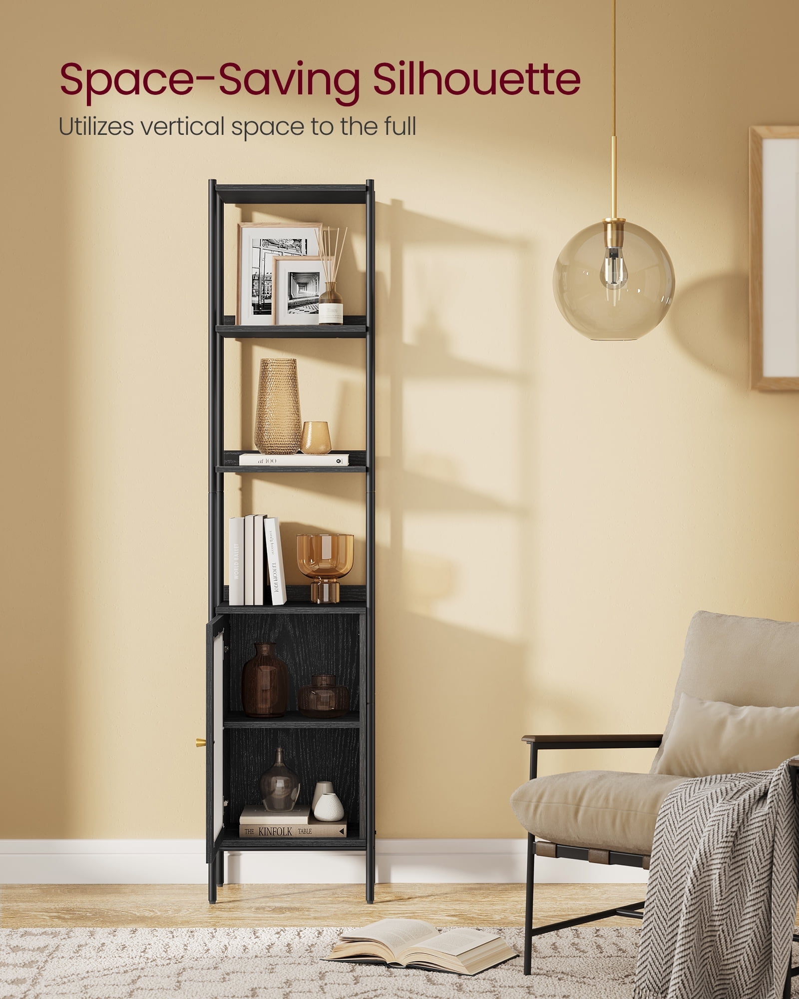 6-Tier Bookcase, Slim Bookshelf with PC Door, Freestanding Storage ...