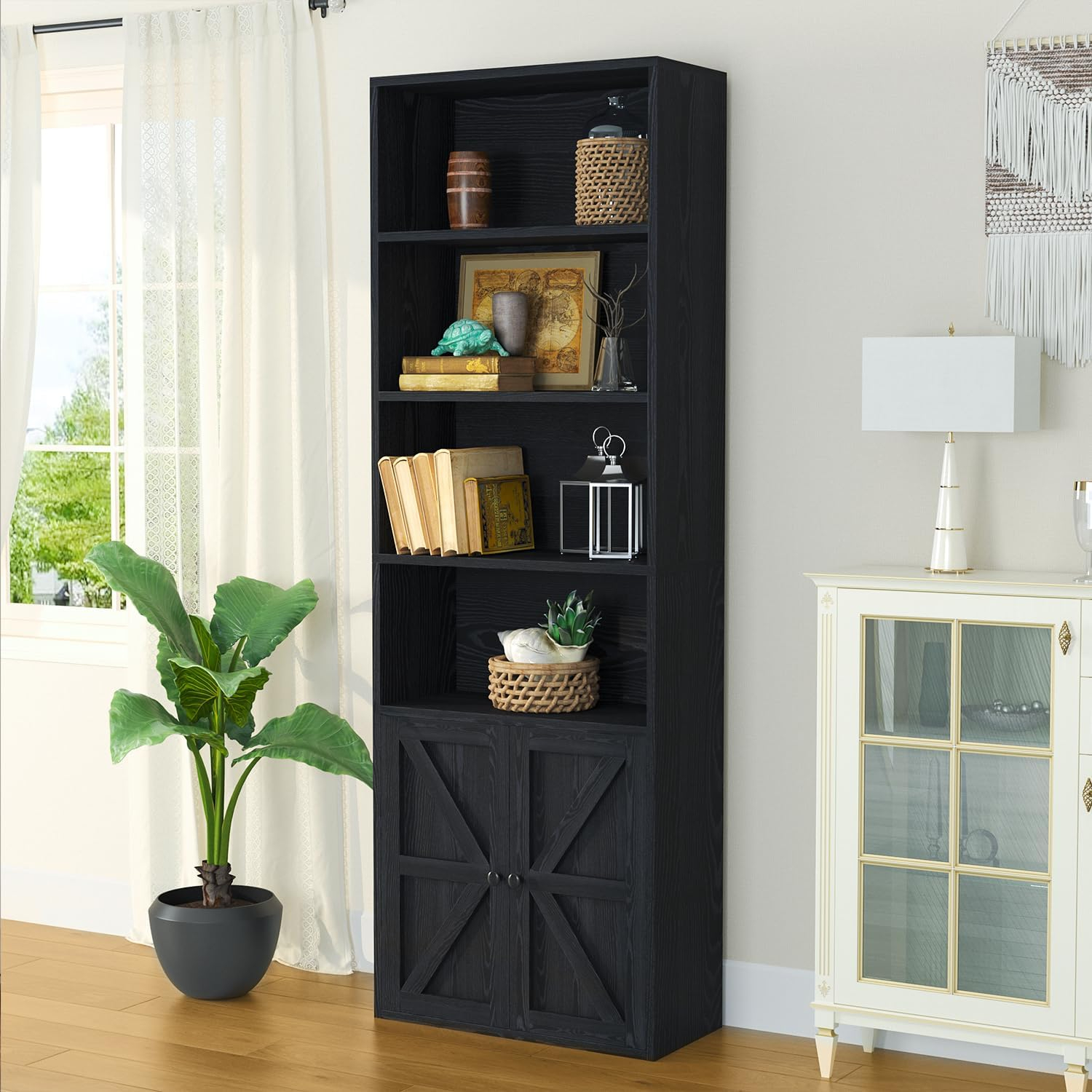 6 Tier Bookcase Wooden Bookshelves with Cabinet Doors Floor Bookshelf ...
