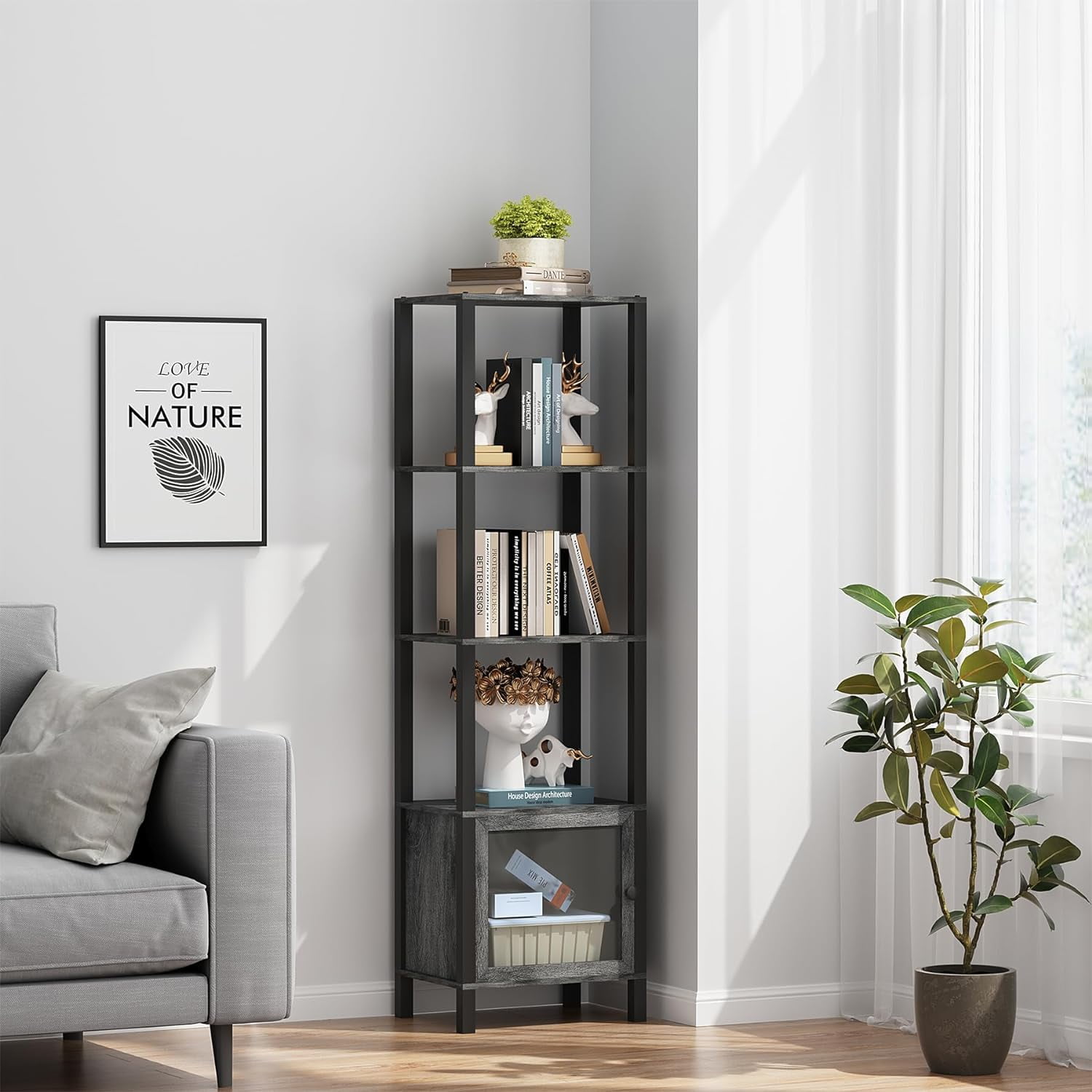 6 Tier Bookcase and Bookshelf, Narrow Book shelf with Door for Small ...