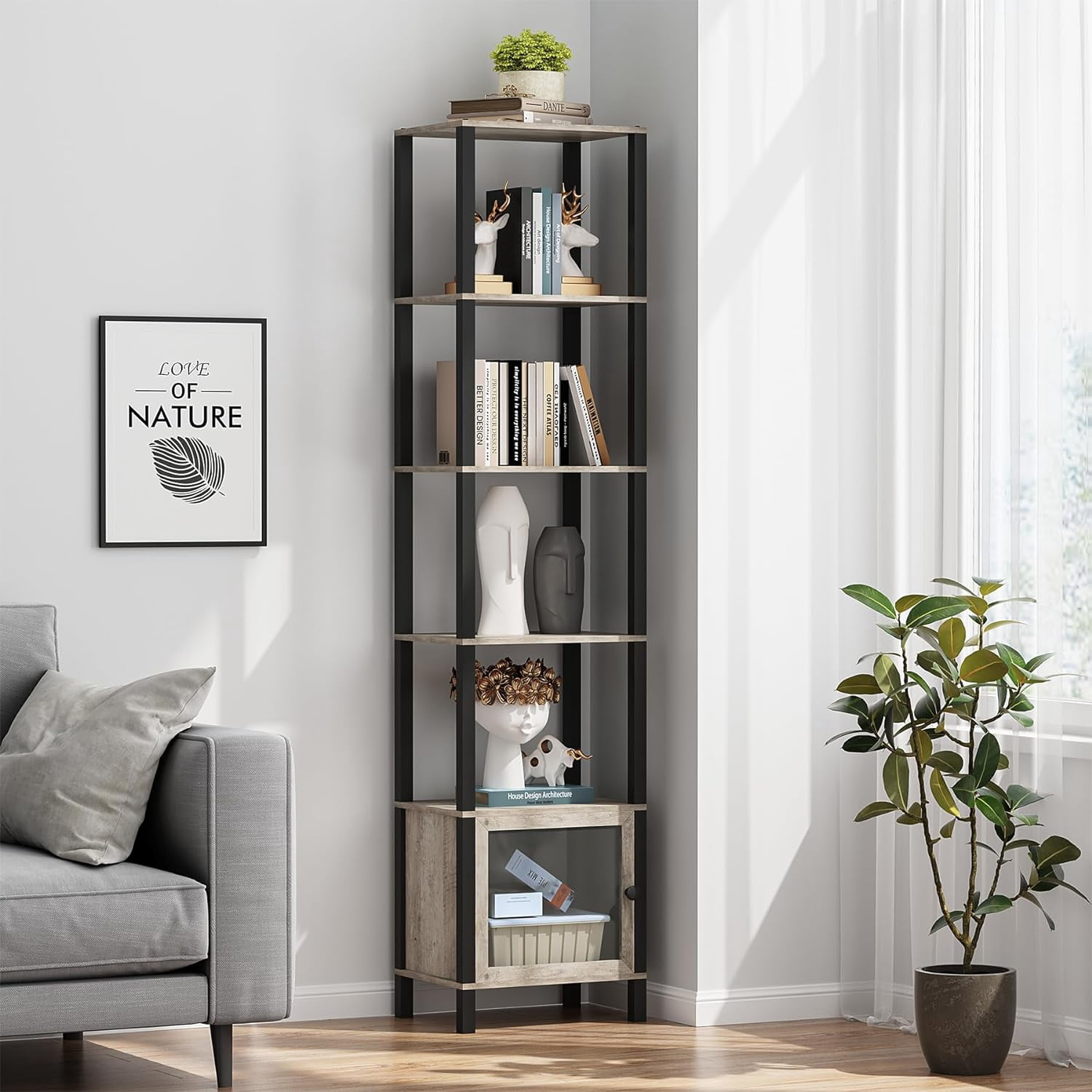 6 Tier Bookcase and Bookshelf, Narrow Book Shelf with Door for Small ...