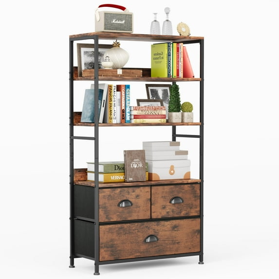 6 Tier Bookshelf, 47-Inch Small Bookcase with 3 Fabric Storage Drawers ...