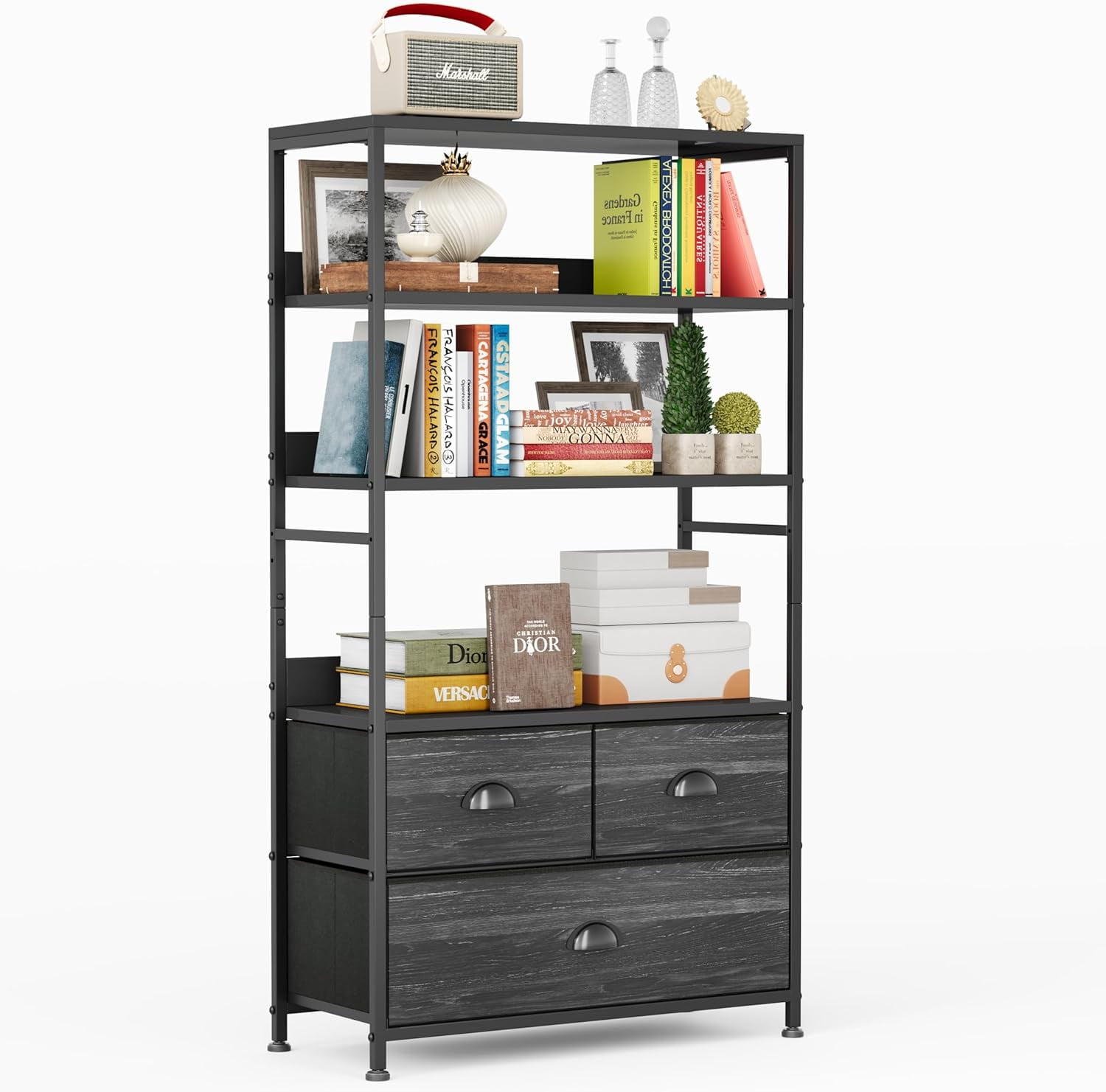 6 Tier Bookshelf, 47-Inch Small Bookcase with 3 Fabric Storage Drawers ...