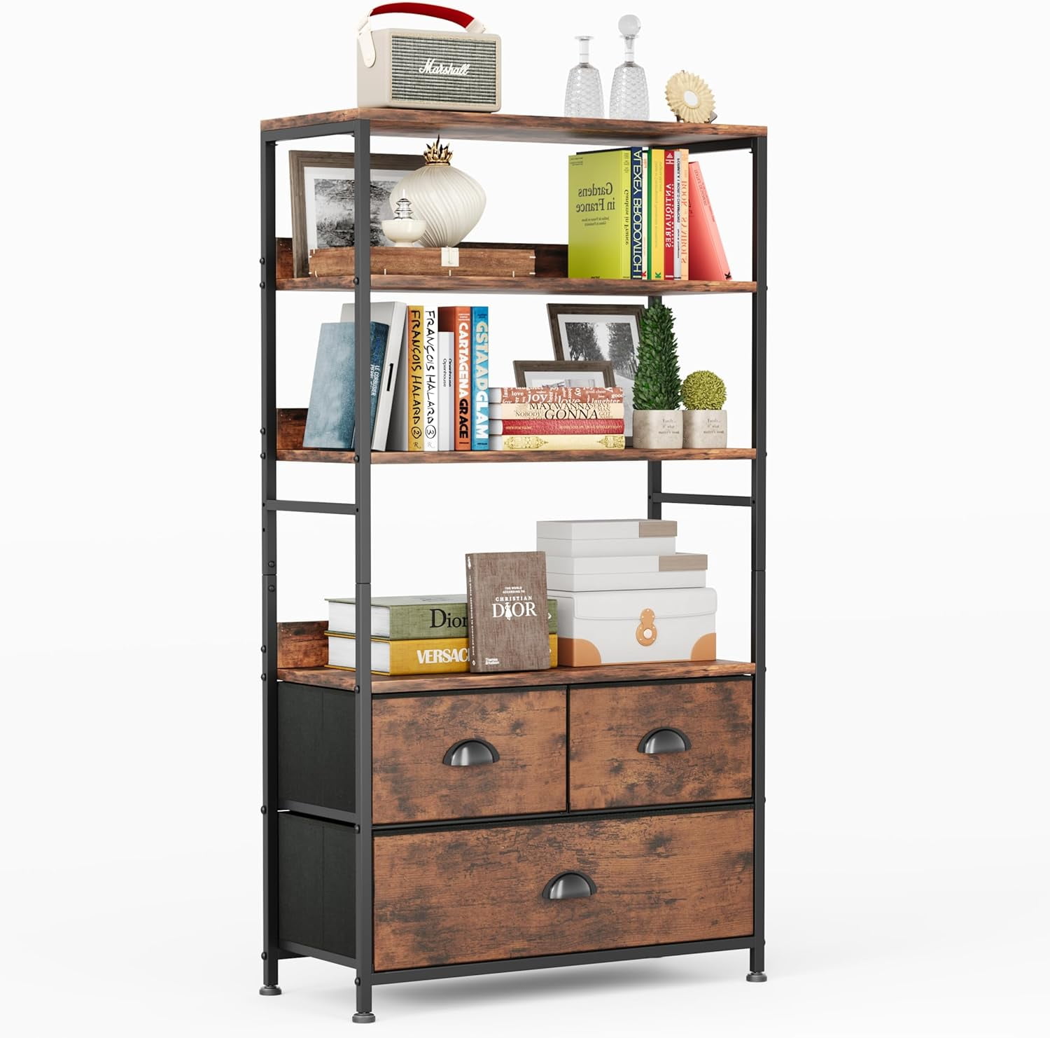 6 Tier Bookshelf, 47-Inch Small Bookcase with 3 Fabric Storage Drawers ...