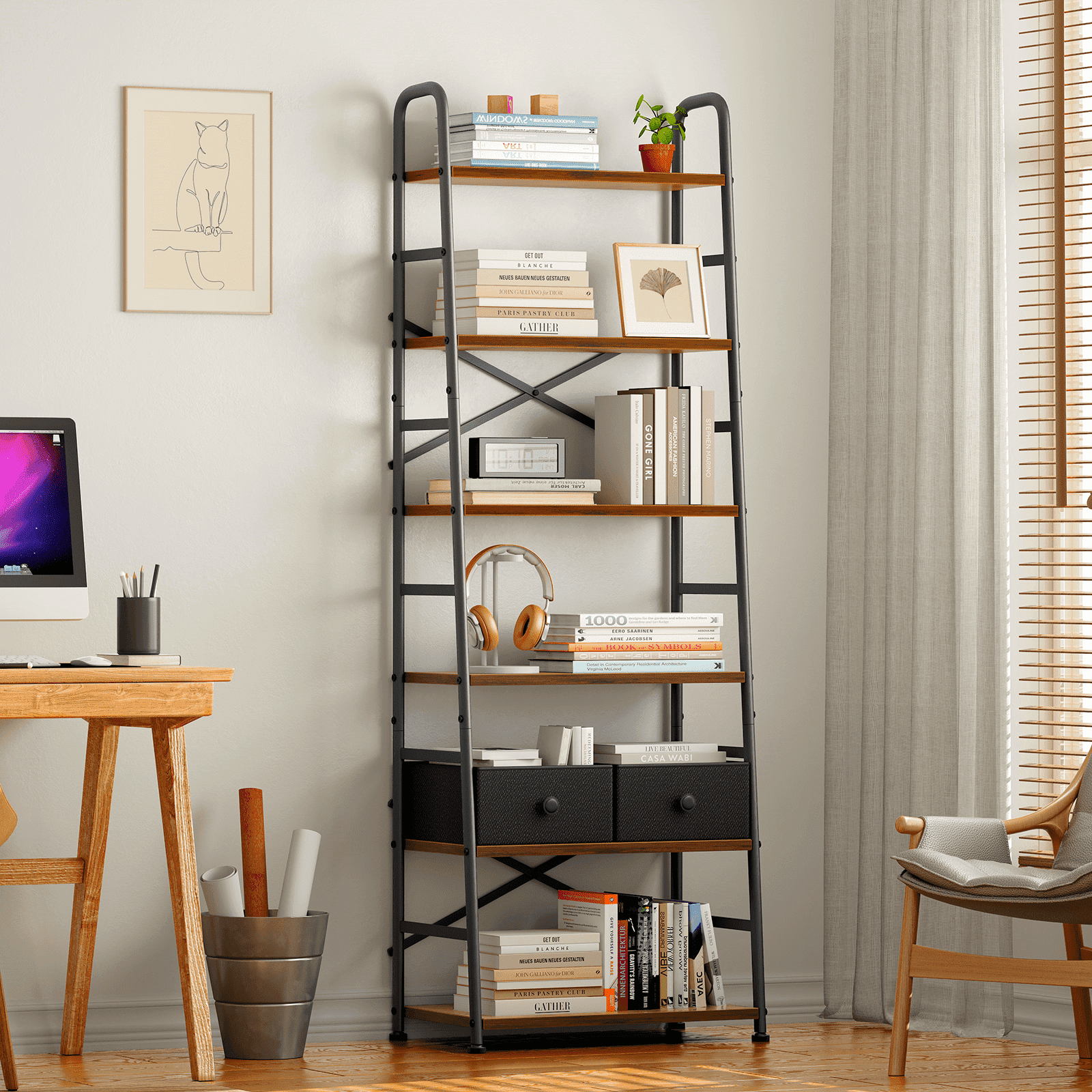6 Tier Bookshelf, 70" Tall Ladder Shelf with 2 Removable Drawers ...
