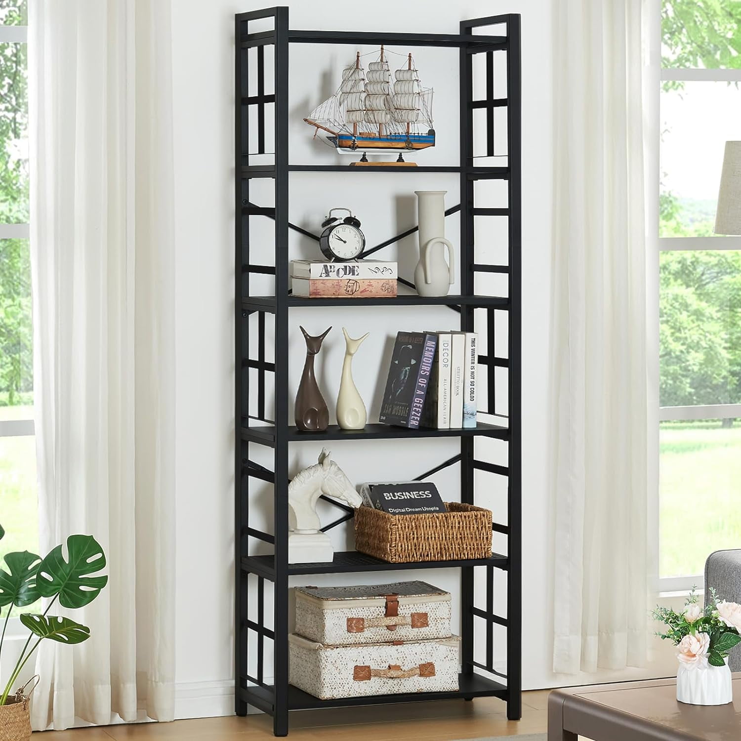 6 Tier Bookshelf,70 inch Tall Industrial Bookcase with Metal Frame and ...