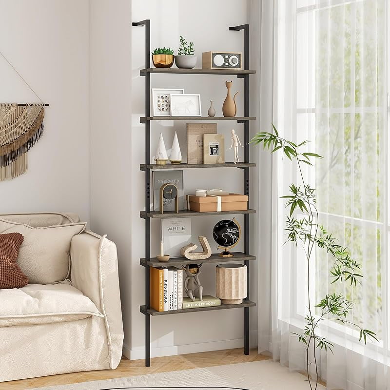 6-Tier Bookshelf, 72" Tall Wall Mounted Ladder Shelf with Heavy-Duty ...