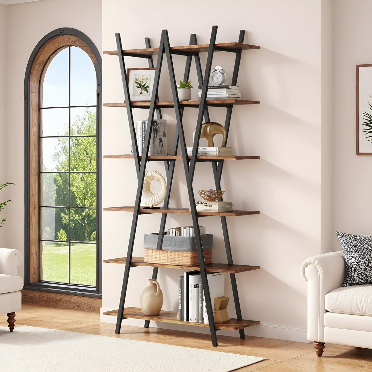 6 Tier Bookshelf, 74.8" X-Frame Bookcase with Storage, Open Book ...