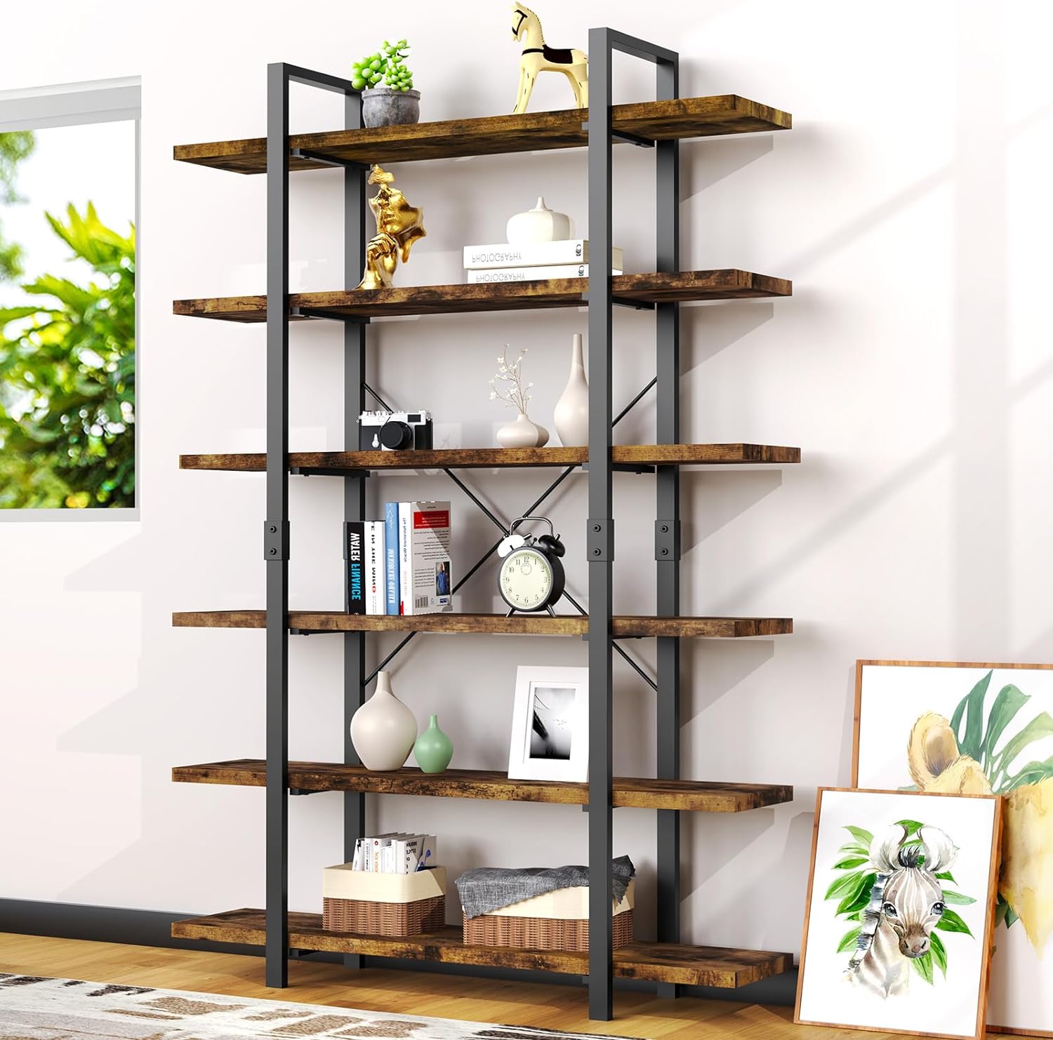 6 Tier Bookshelf, 83 inch Tall Bookcase Industrial Wooden Bookshelves ...
