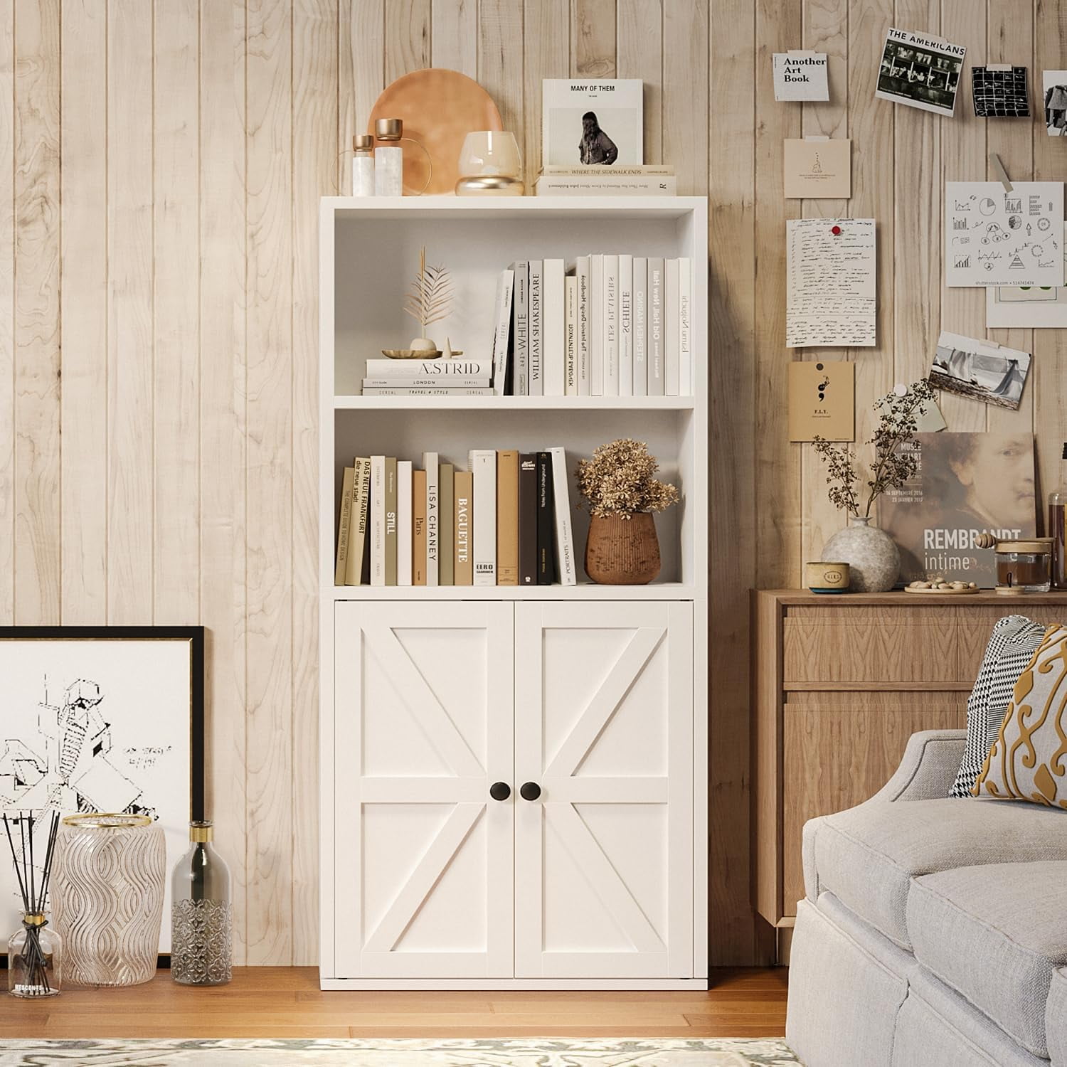 6-Tier Bookshelf and Bookcase Set of 2 Wooden Bookshelves with Cabinet ...