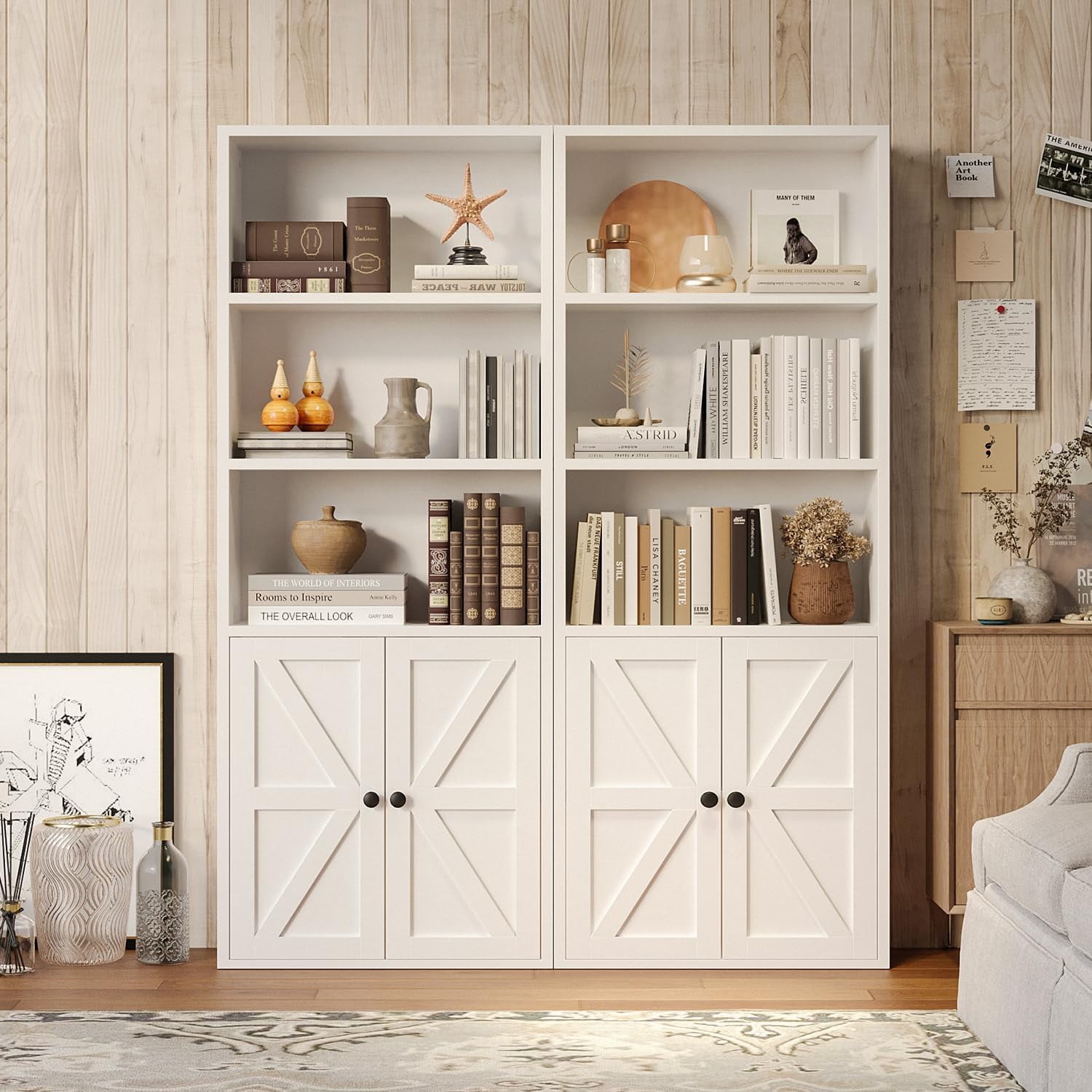 6-Tier Bookshelf and Bookcase Set of 2 Wooden Bookshelves with Cabinet ...