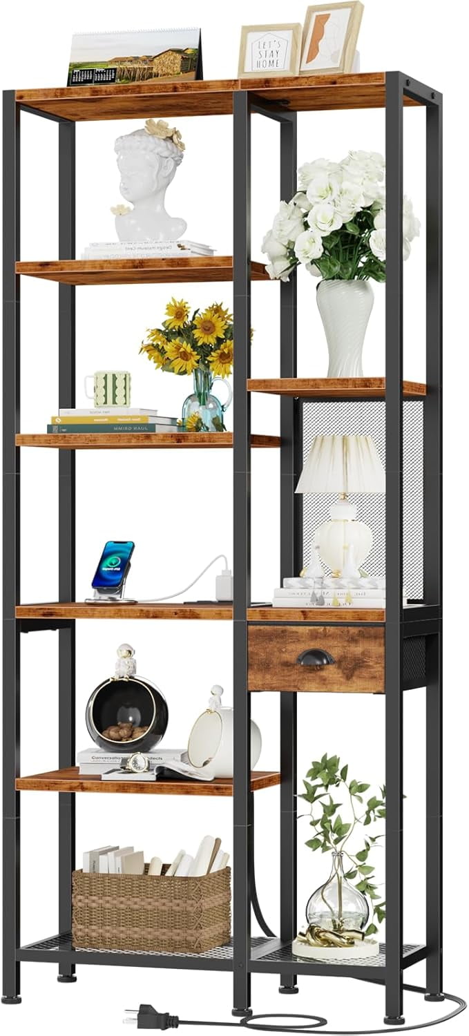 6-Tier Bookshelf with Charging Station, Double Display Shelf with ...