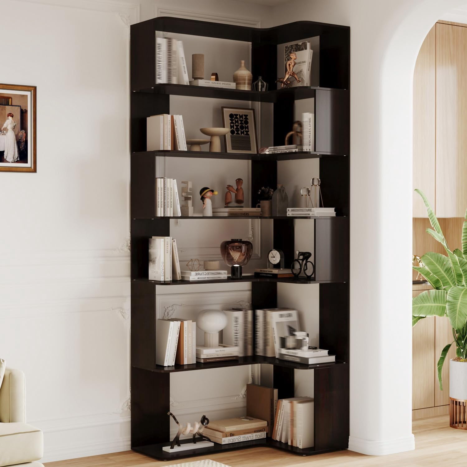 6 Tier Bookshelf Corner Shelves, Black Tall Bookcase with Storage, L ...