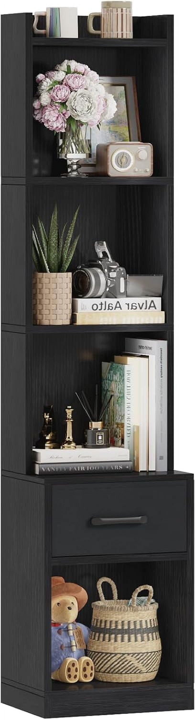 6 Tier Bookshelf with Drawer, Black 53" Tall Narrow Bookcase, Corner ...