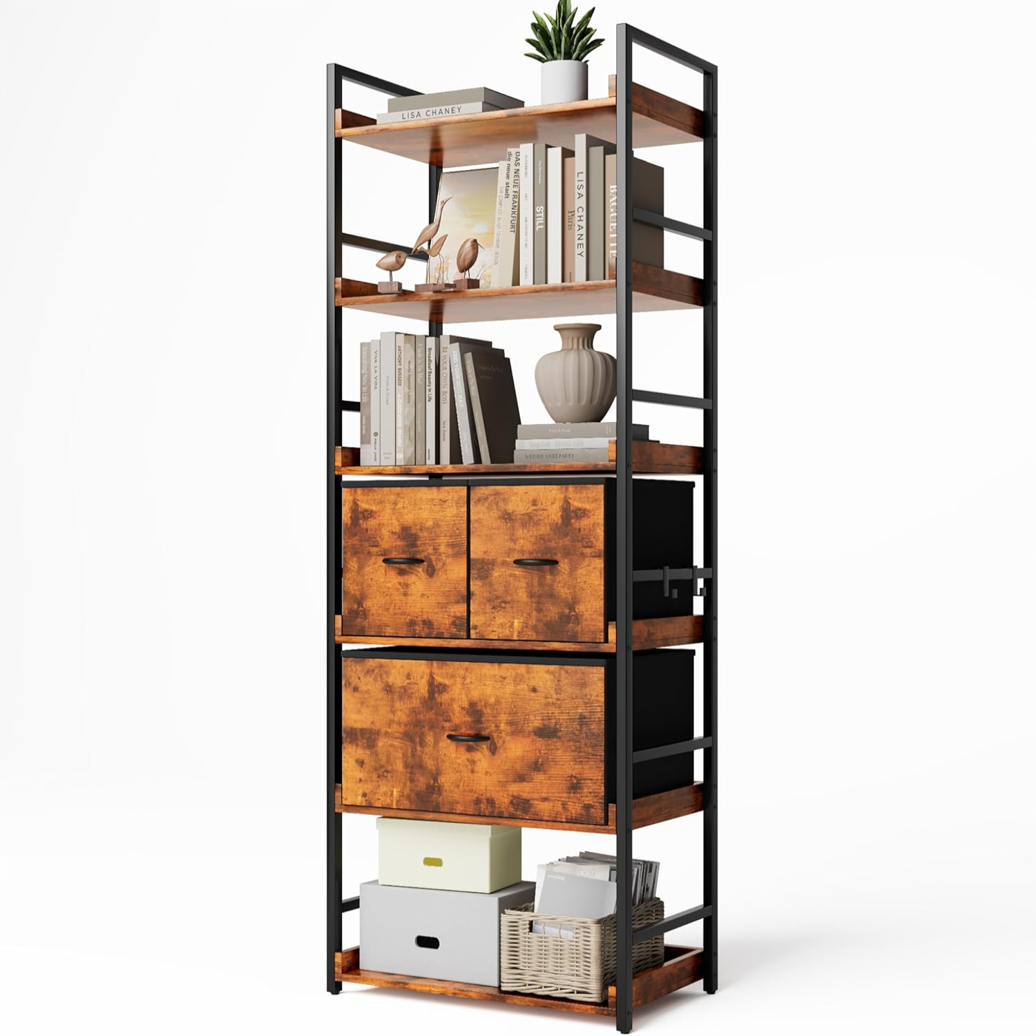 6 Tier Bookshelf with Drawer Classically Tall Narrow Bookcase with ...