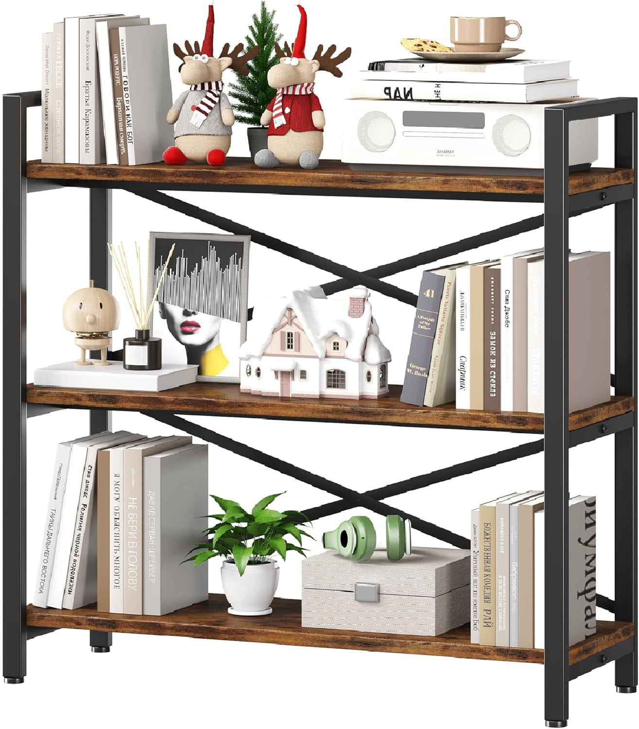 6 Tier Bookshelf Industrial Bookcase with 8 Hooks Vintage Storage Rack ...