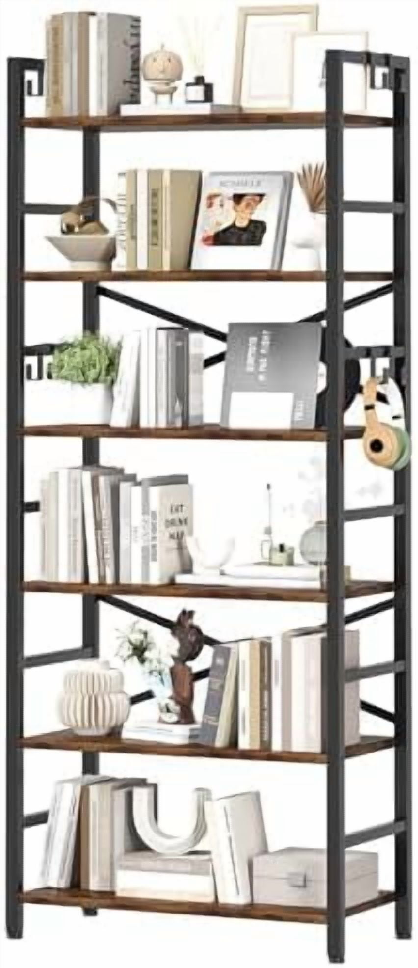 6 Tier Bookshelf, Industrial Bookcase with 8 Hooks, Vintage Storage ...