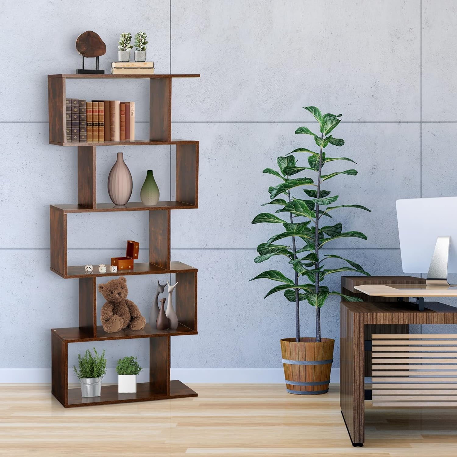 6-Tier Bookshelf, S-Shaped Bookcase Storage Organizer, Modern ...