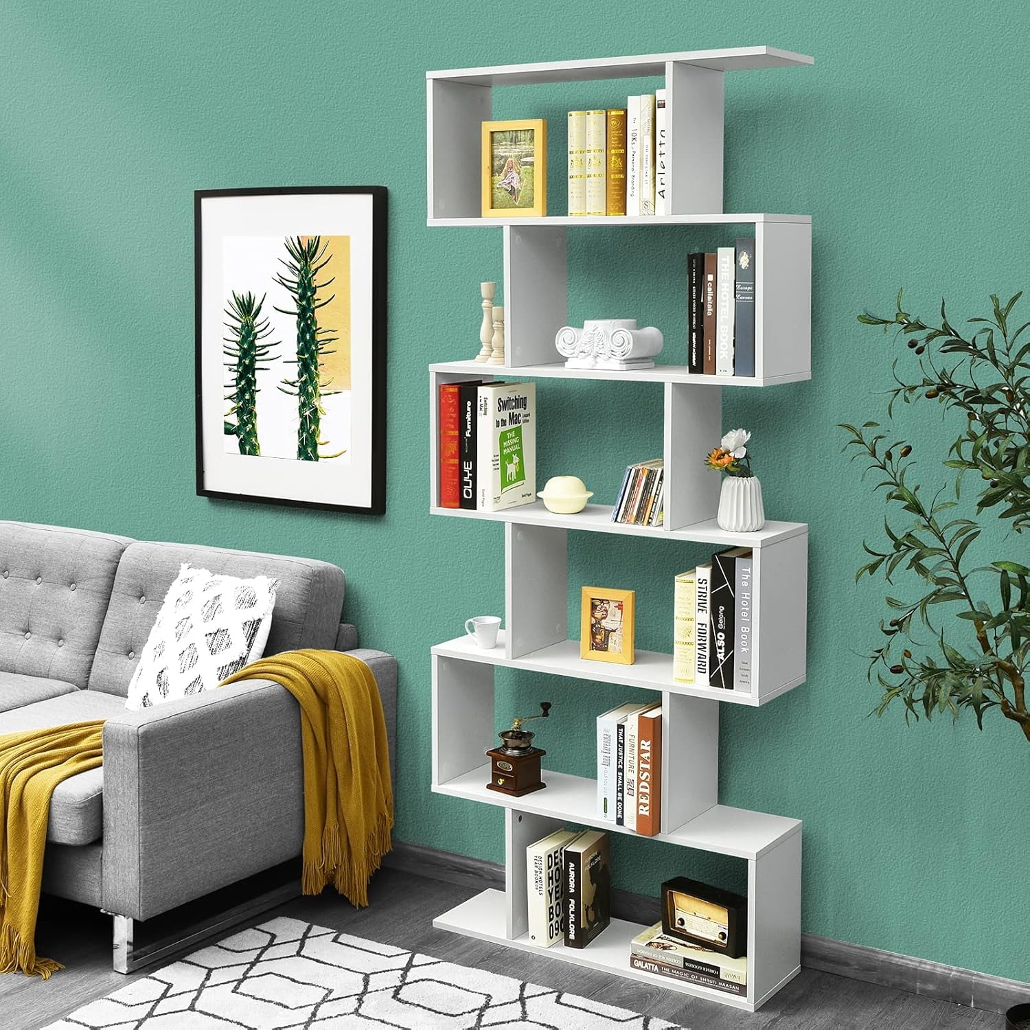 6 Tier Bookshelf S Shaped Bookcase w/Staggered Storage Shelves Display ...