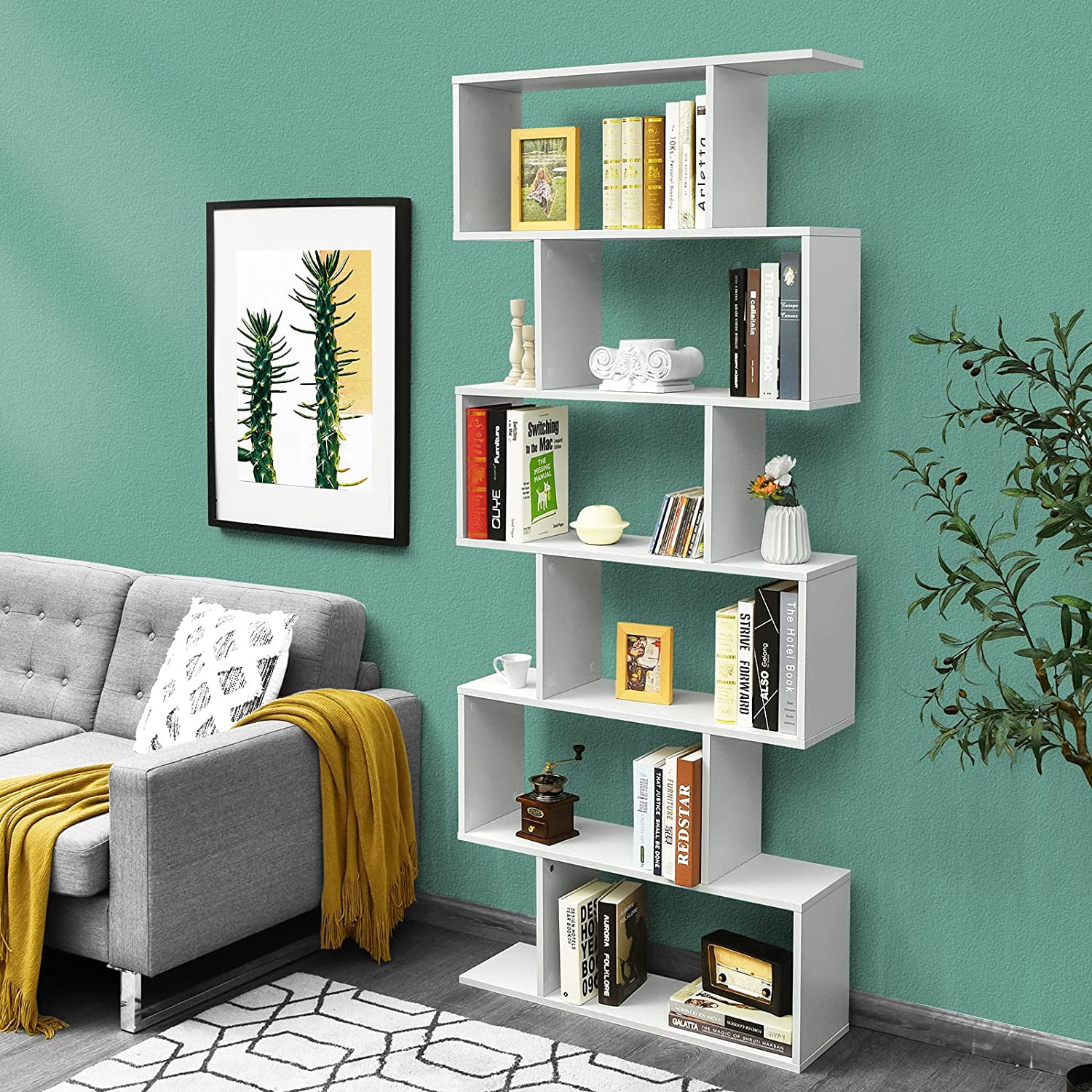 6 Tier Bookshelf, S Shaped Bookcase w/Staggered Storage Shelves ...
