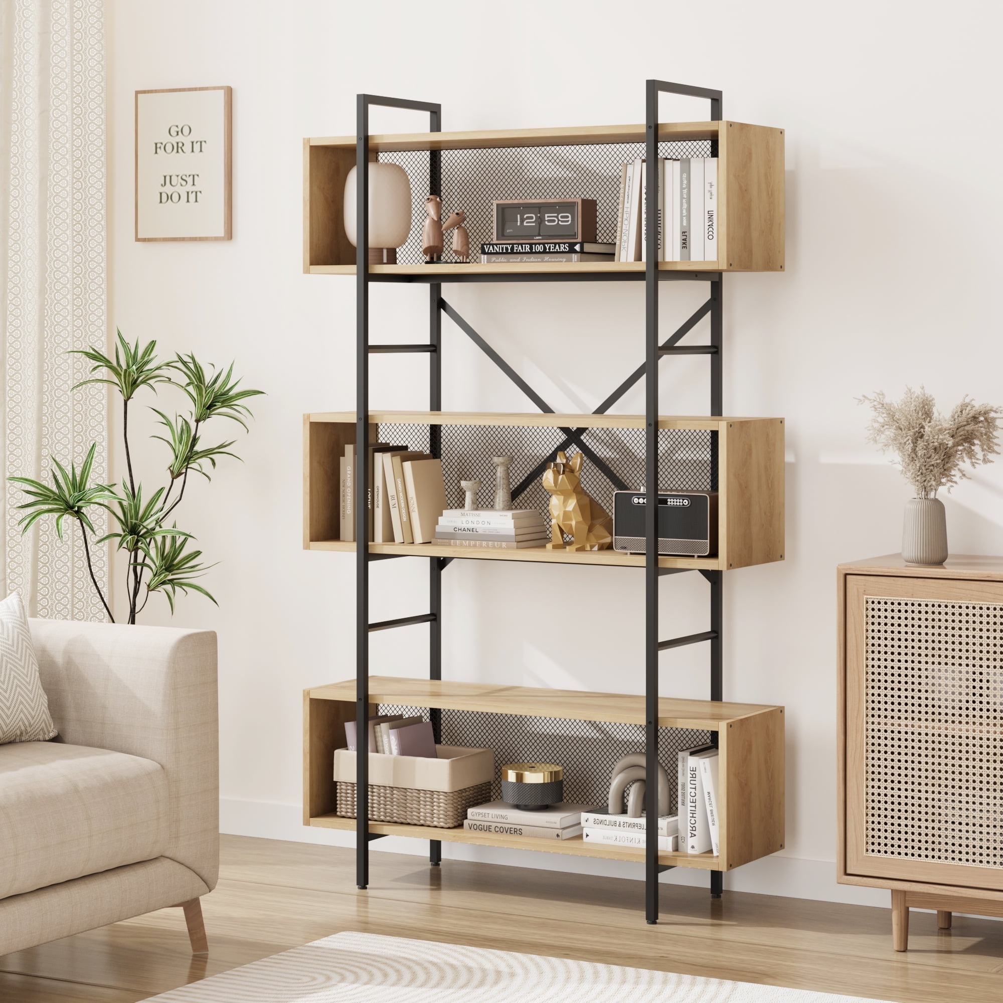 6 Tier Bookshelf with Storage, 71.3 Inch Tall Industrial Book Shelf ...