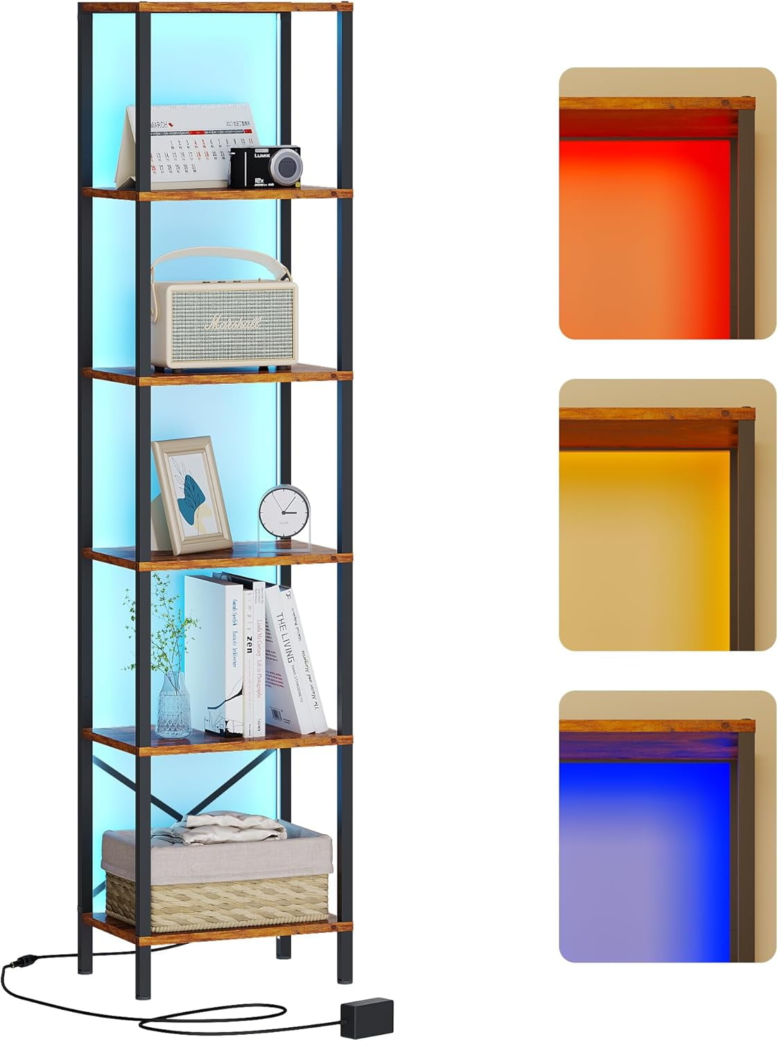 6-Tier Bookshelf, Tall Narrow Bookcase with LED Lights, Book Shelf with ...