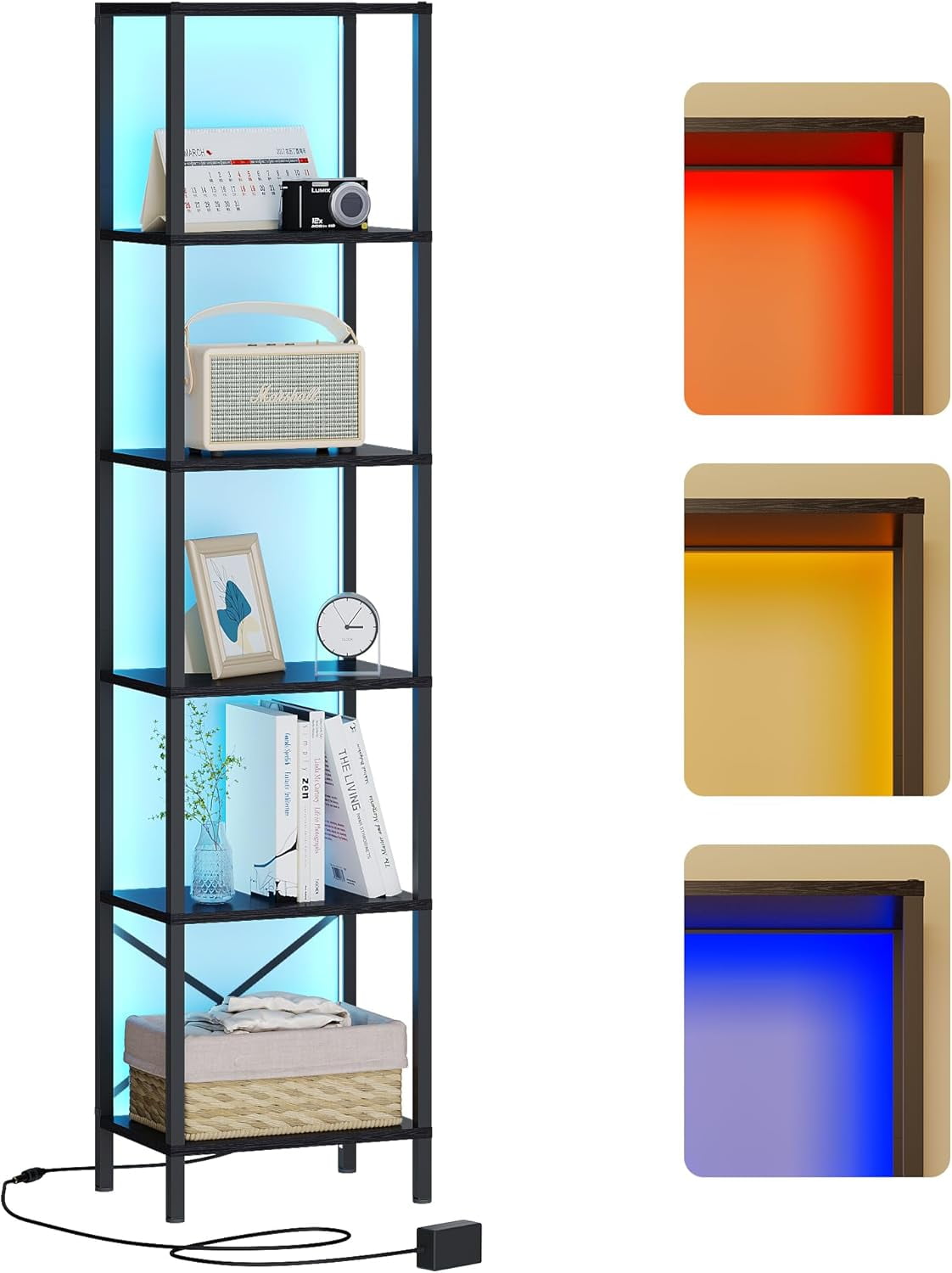 6-Tier Bookshelf, Tall Narrow Bookcase with LED Lights, Book Shelf with ...