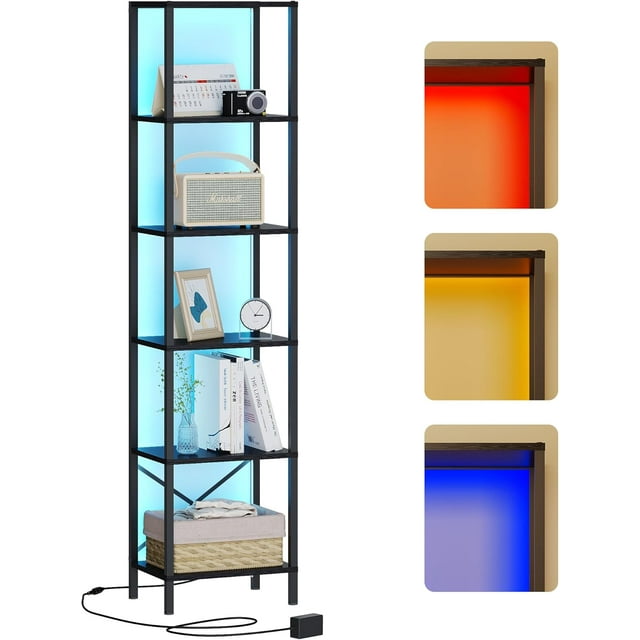 6-Tier Bookshelf, Tall Narrow Bookcase with LED Lights, Book Shelf with ...
