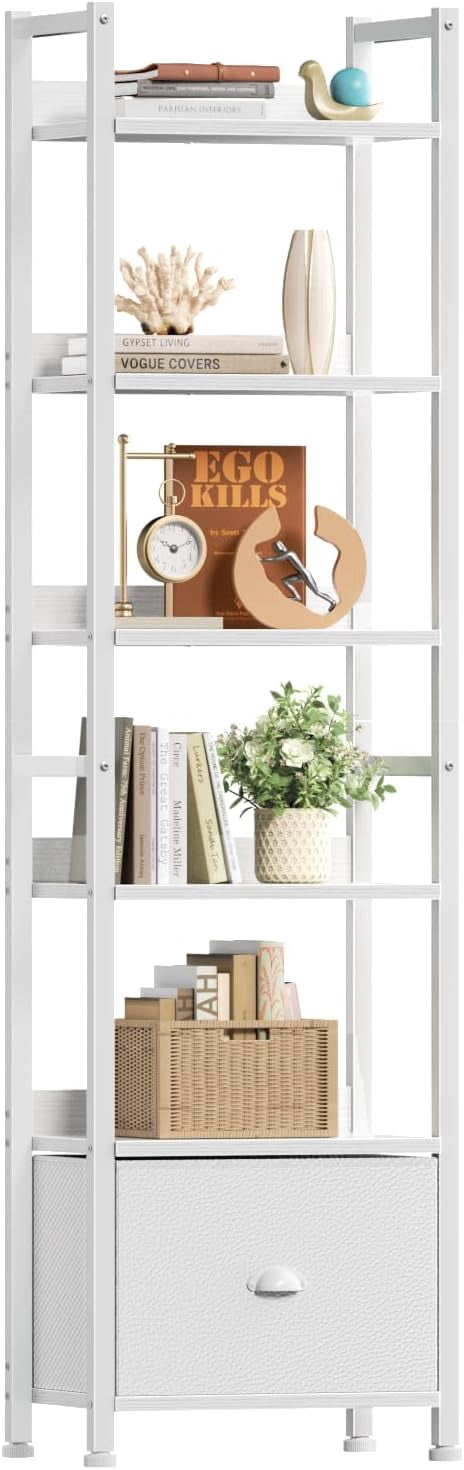 6 Tier Bookshelf, Tall Shelf with Drawer, Wood and Metal Bookshelves ...