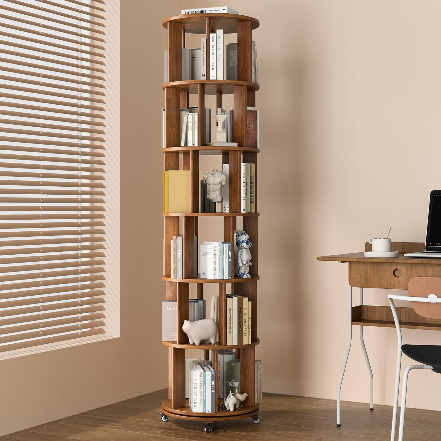 6 Tier Bookshelf Tower 360° Solid Wood Spinning Bookcase with Swivel ...