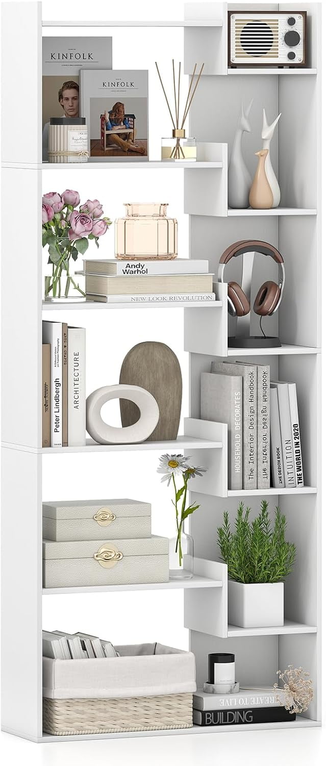 6-Tier Bookshelf, Wooden Bookcase with Staggered Shelves, Open Display Shelf w/2 Anti-Tipping ...