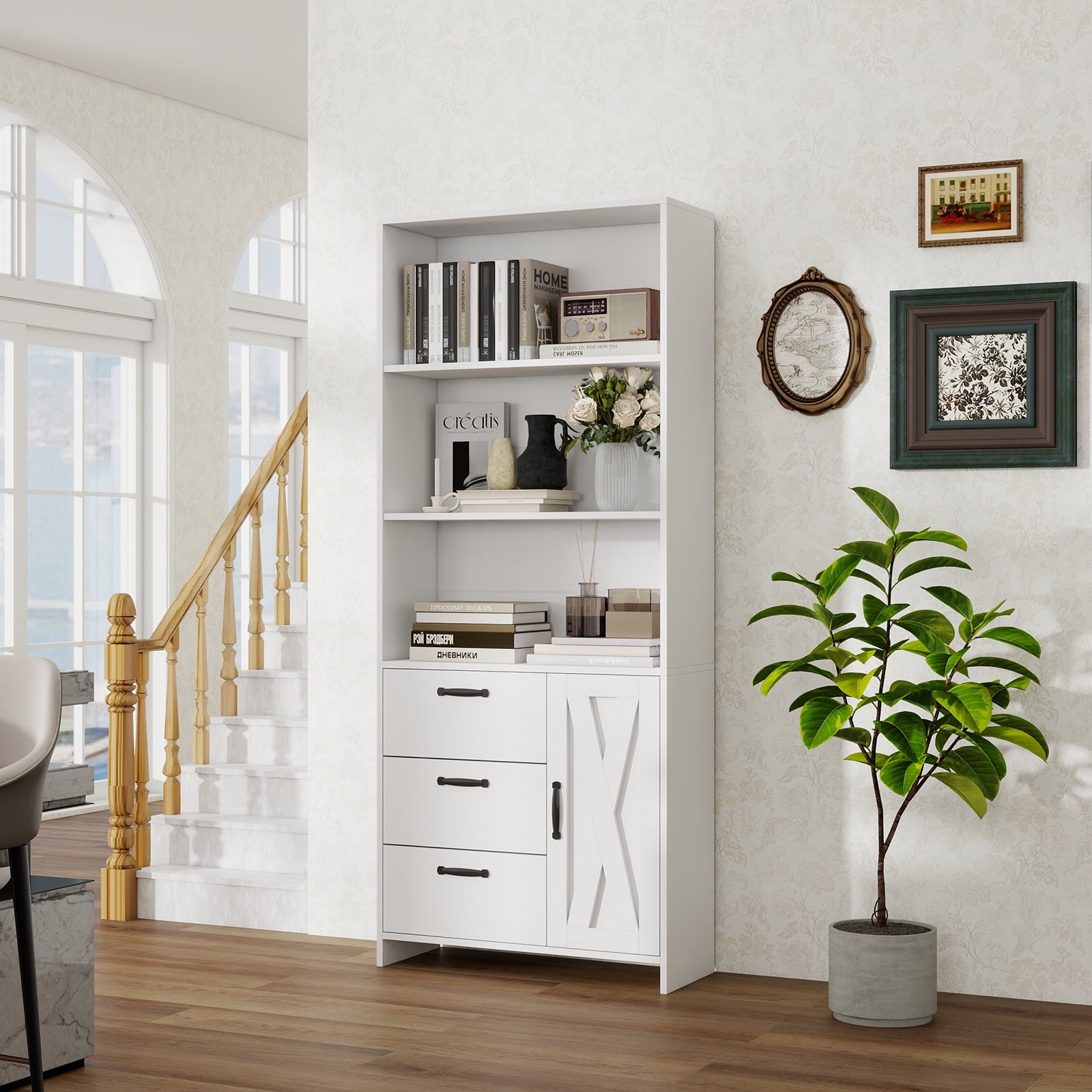 6-Tier Bookshelf with Door and 3 Drawers,71in Tall Wood Bookcase with 3 ...